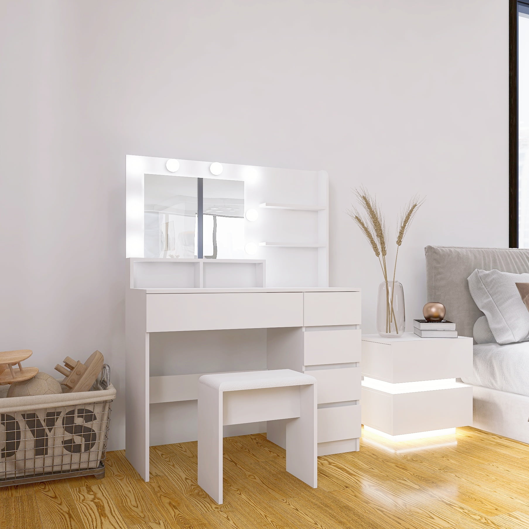 Makeup Dresser Set with Mirror and Lights with Stool, Dresser Storage ...