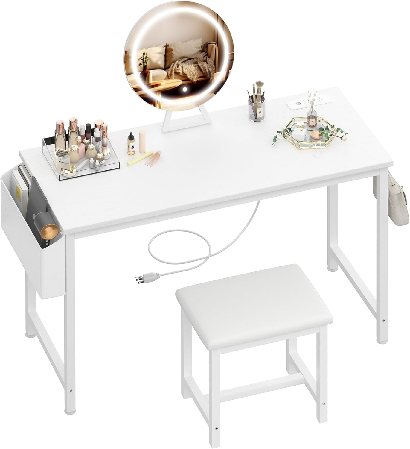 Makeup Girls Vanity Set with Mirror and Stool and Lights & Power Outlet ...