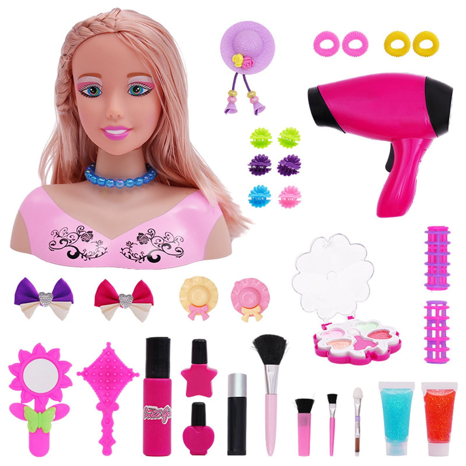 Makeup and Hair Styling Doll Head Toy Kit - 33Pieces Kids Pretend Play ...