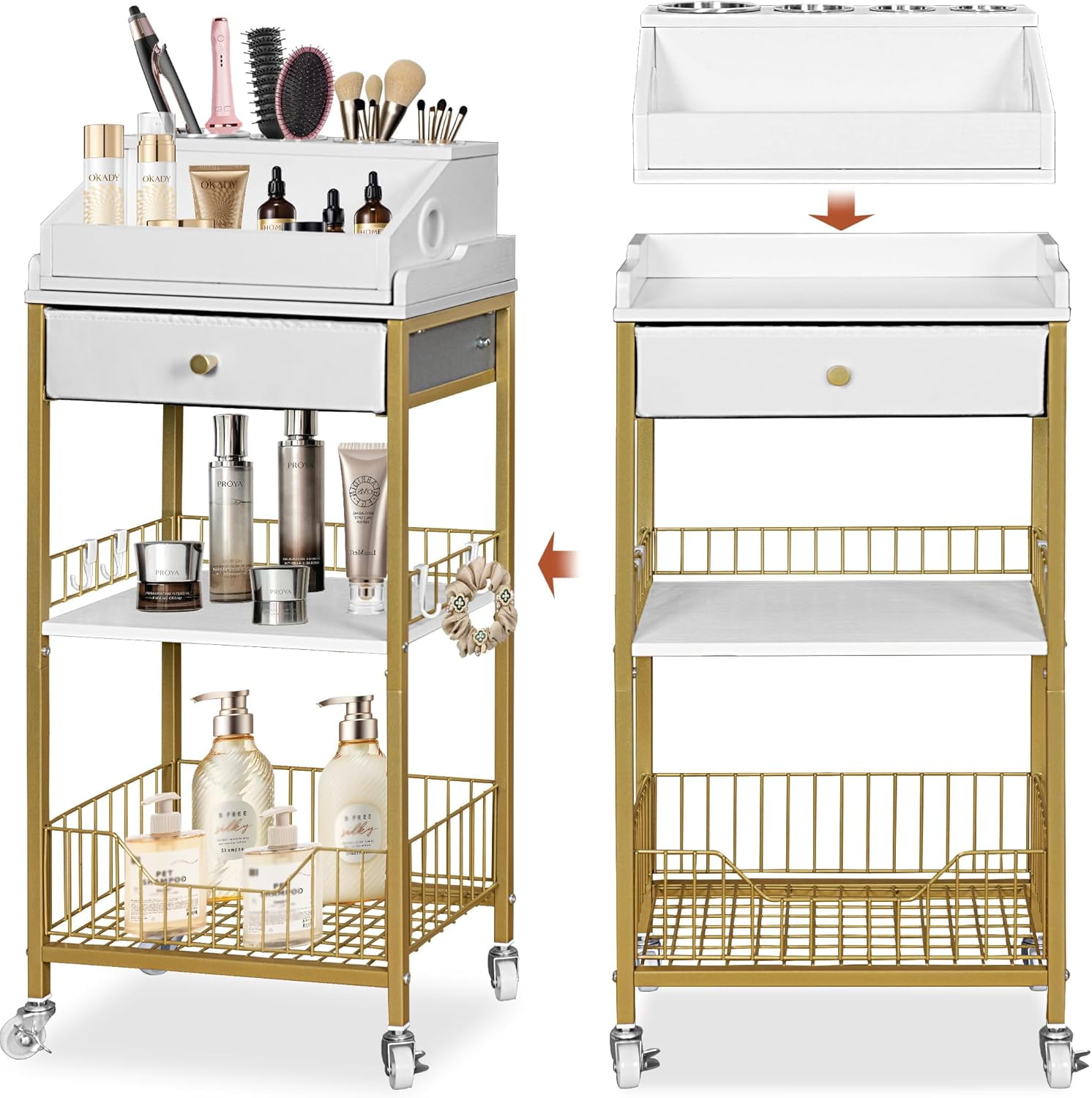 Makeup Organizer Cart with Drawer, 2-in-1 Rolling Organizer Cart with ...