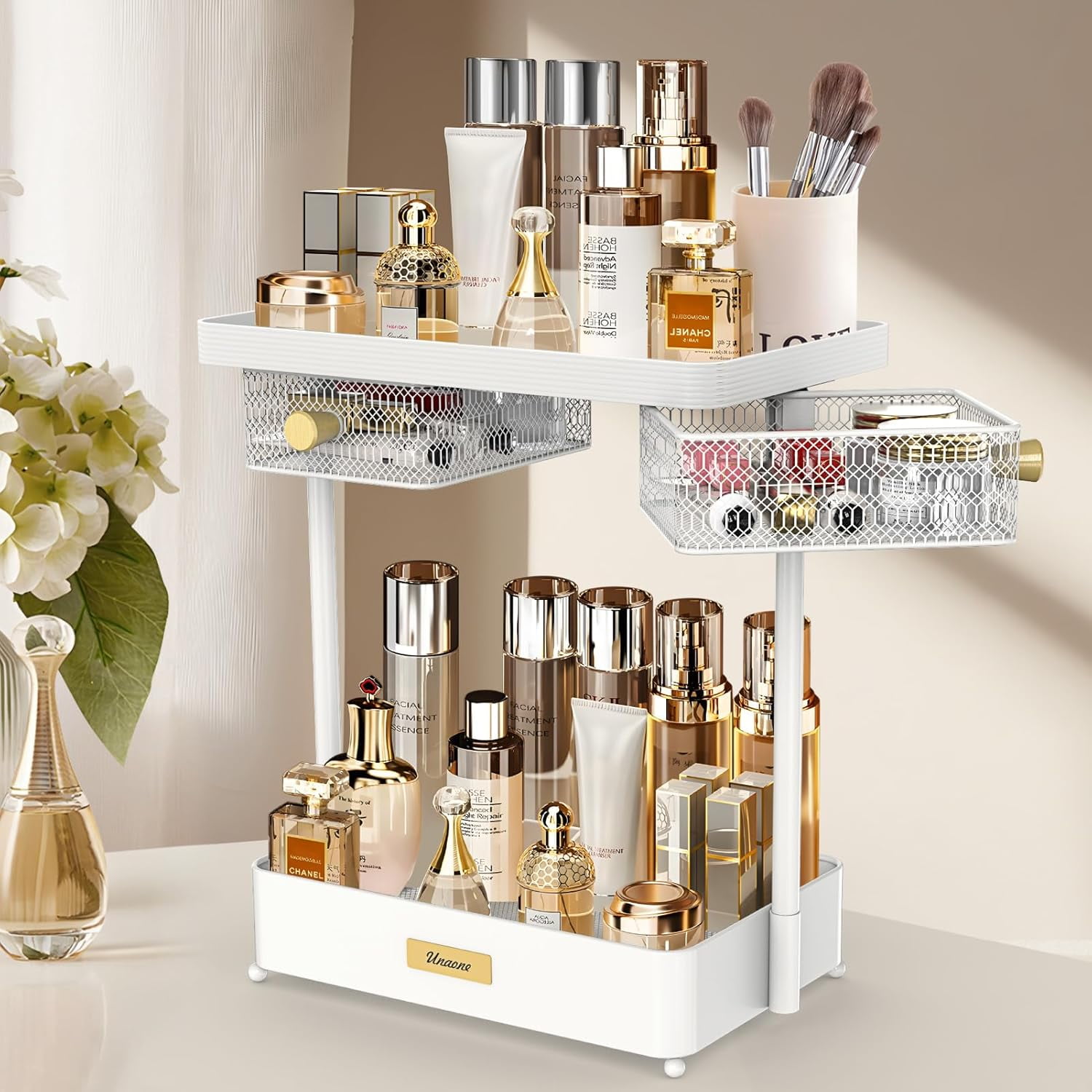 Makeup Organizer Countertop - 2 Tier Skincare Organizer with 2 Rotating ...