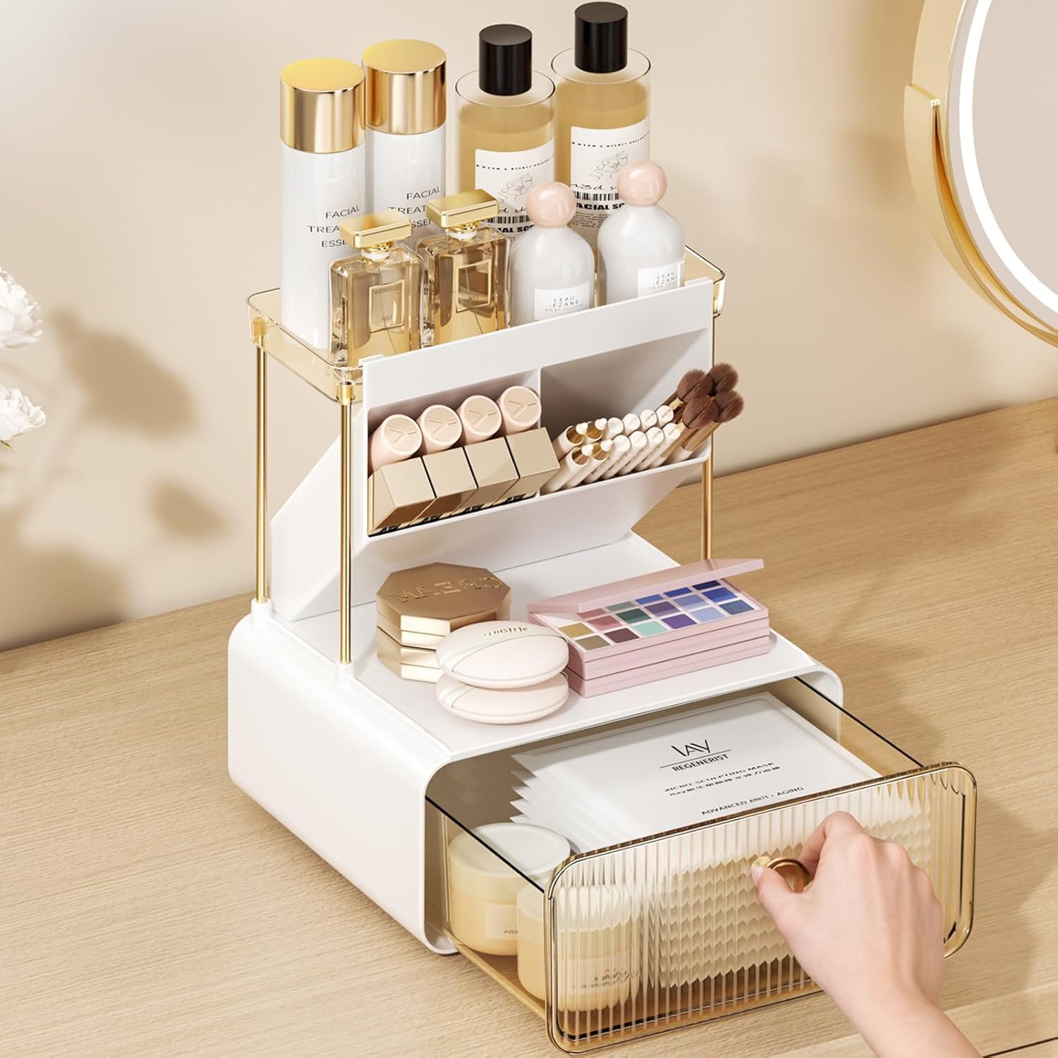 Makeup Organizer with Drawer for Vanity, 2 Tier 5 Zones Cosmetic ...
