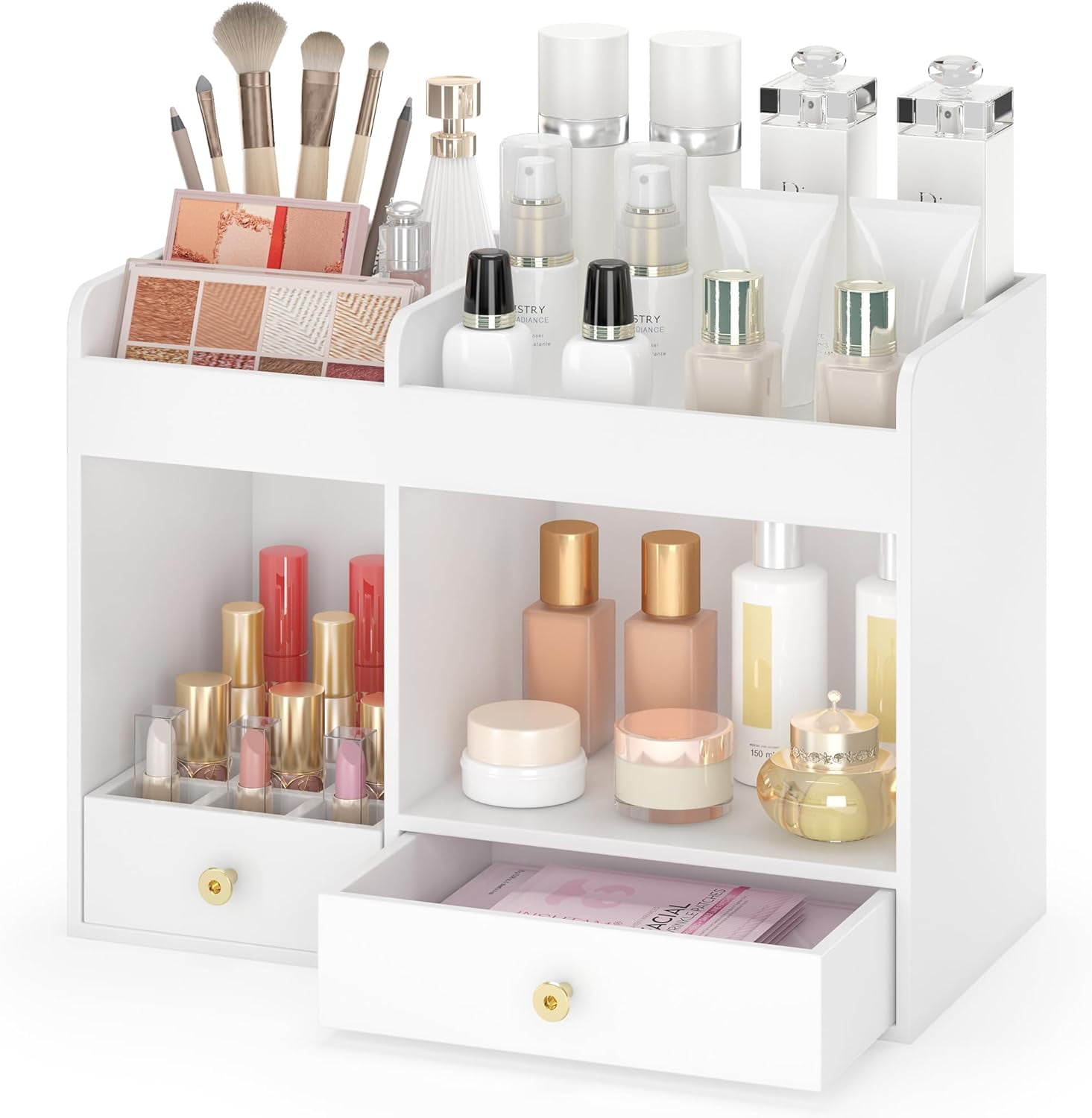 Makeup Organizer with Drawers, Bamboo Countertop Cosmetic Storage for ...
