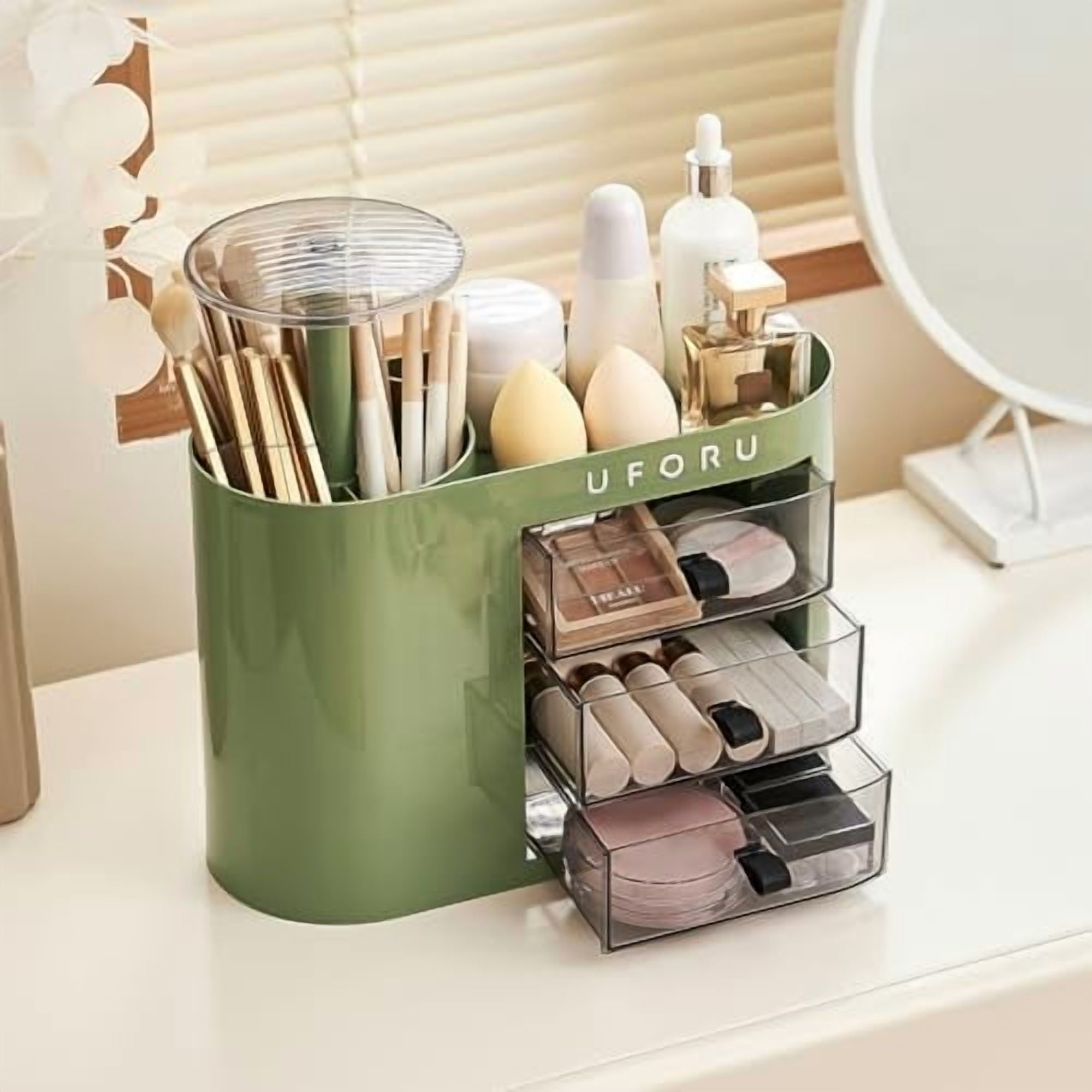 Makeup Organizer with Pop-Up Brush Holder for Dresser Vanity, Plastic ...