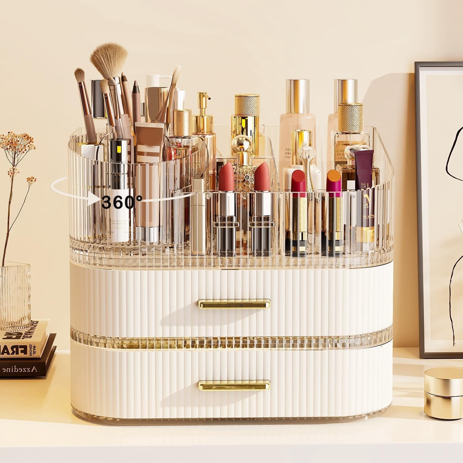 Makeup Organizer with Stackable Drawer, 360 Rotating Makeup Brush ...