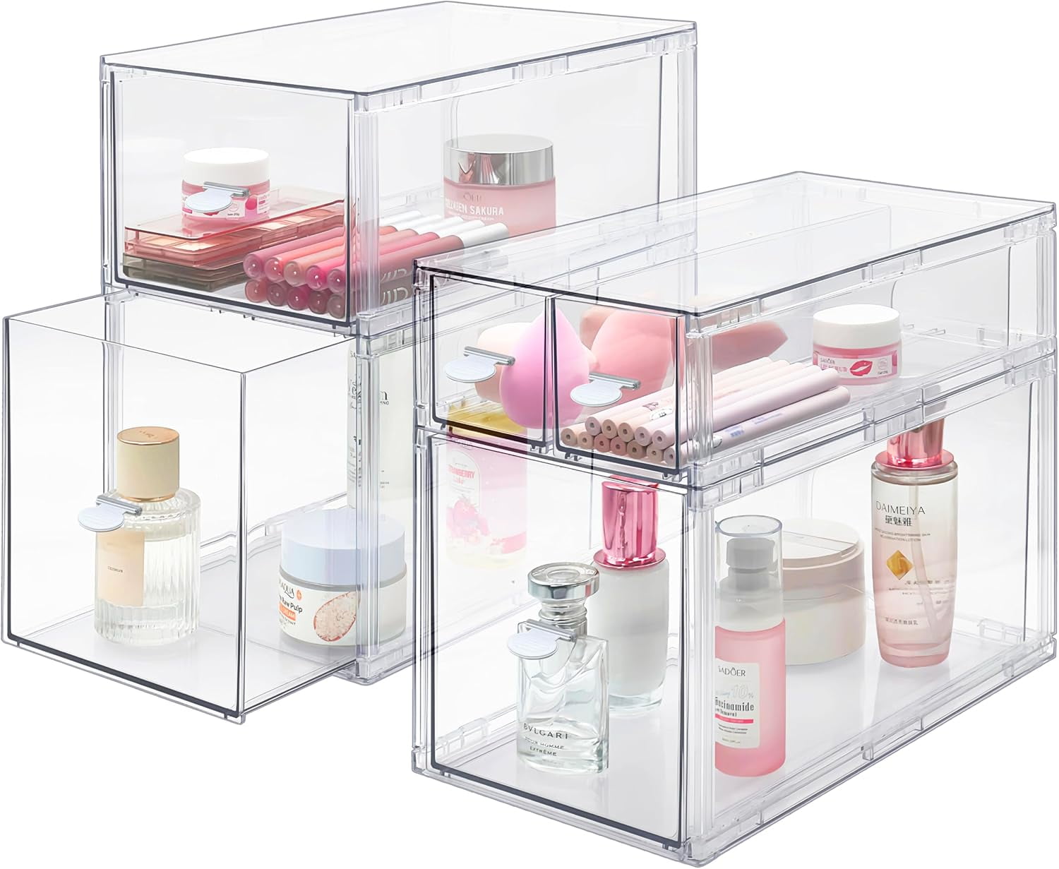 Makeup Organizer for Vanity, Clear Stackable Storage Drawers Set of 5 ...