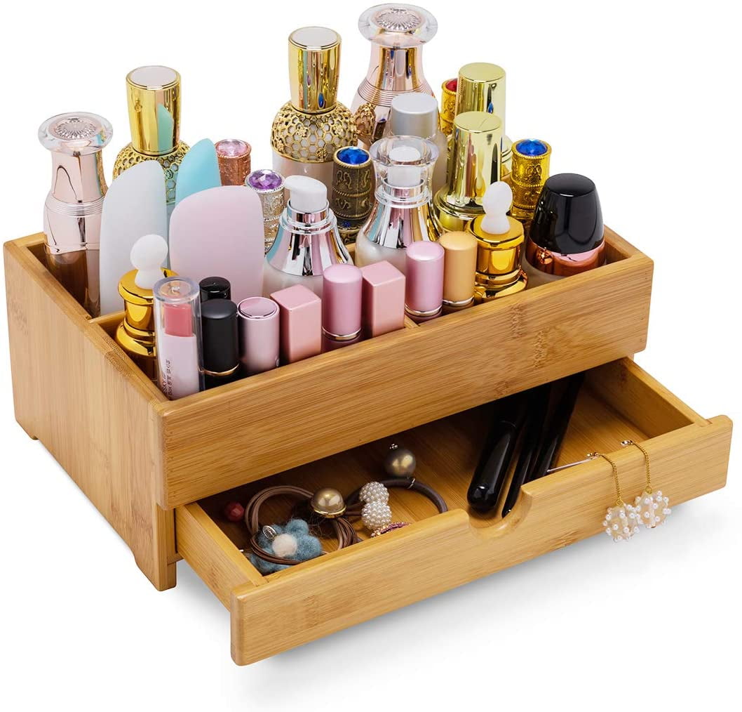 Makeup Storage Drawer Organizer Bamboo Wood Cosmetic Display Box, Large ...