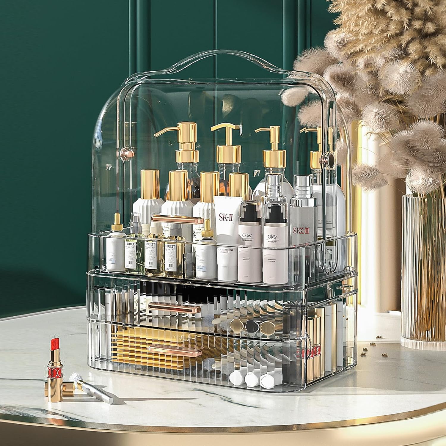 SUNFICON Makeup Organizer with Handle, Dustproof Clear Cosmetic Box ...