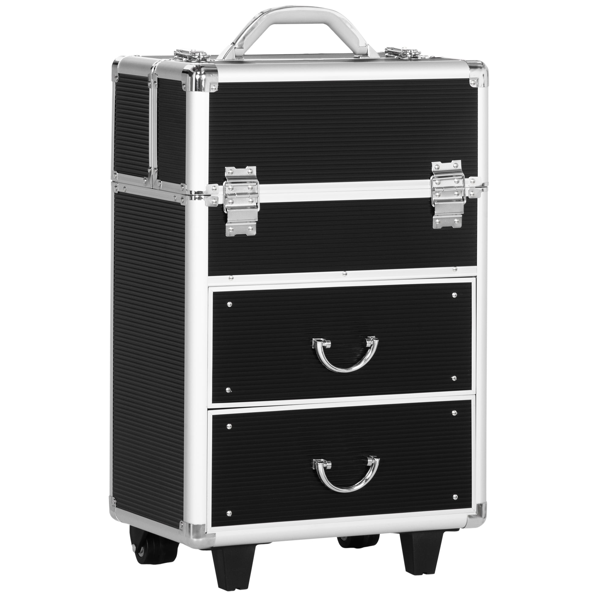 Makeup Train Case - Black, Lockable With Folding Trays, Swivel Wheels ...