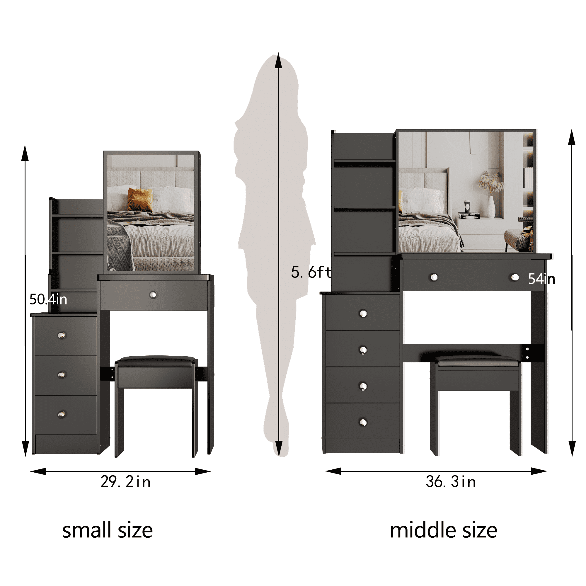 Makeup Vanities 37" Middle Size Left Bedside Cabinet Vanity Table ...