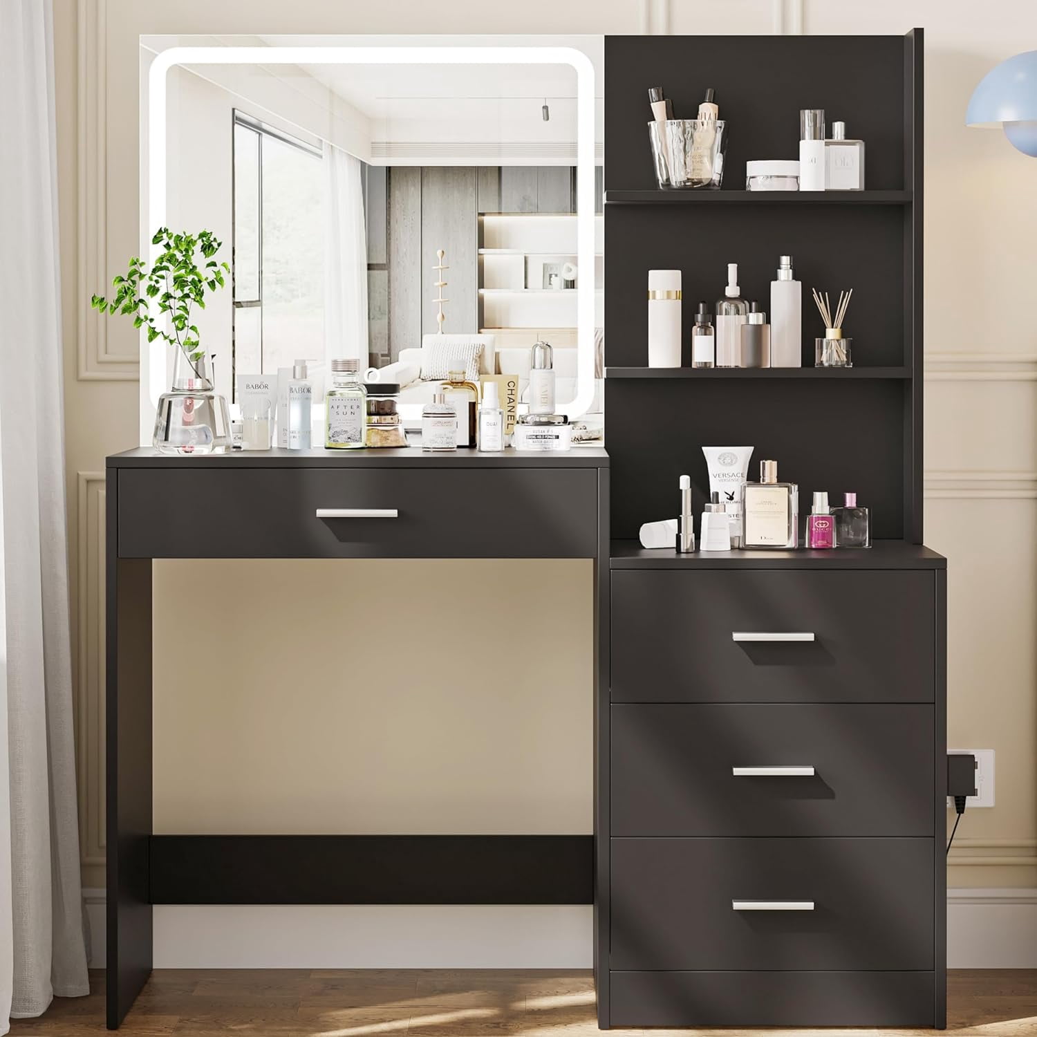 Makeup Vanity with 3-Color Dimmable Lighted Mirror, Large Vanity Table ...