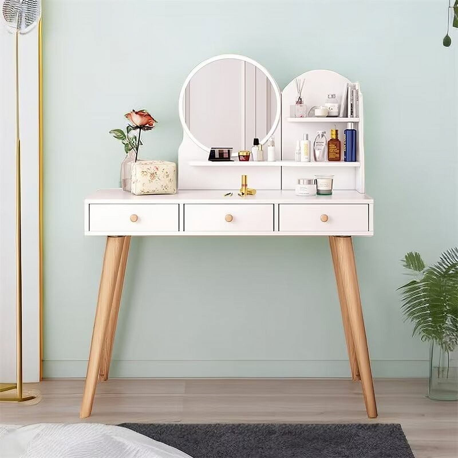 Makeup Vanity with 3 Drawers and Shelves, Vanity Desk with Mirror and ...