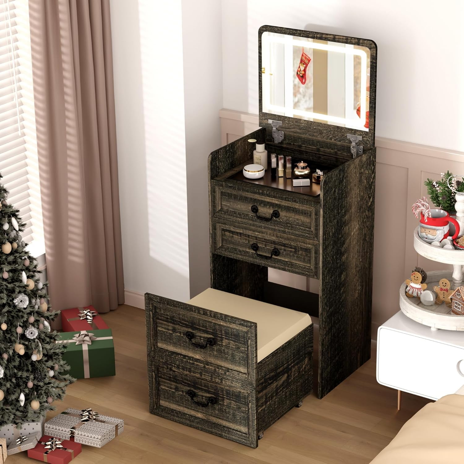 Makeup Vanity, 3-in-1 Vanity Desk with Flip-Top Mirror, Hidden Stool ...