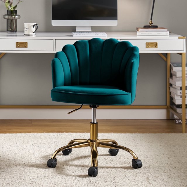 Velvet Upholstered Swivel Office Chair with Adjustable Metal Gold Base ...