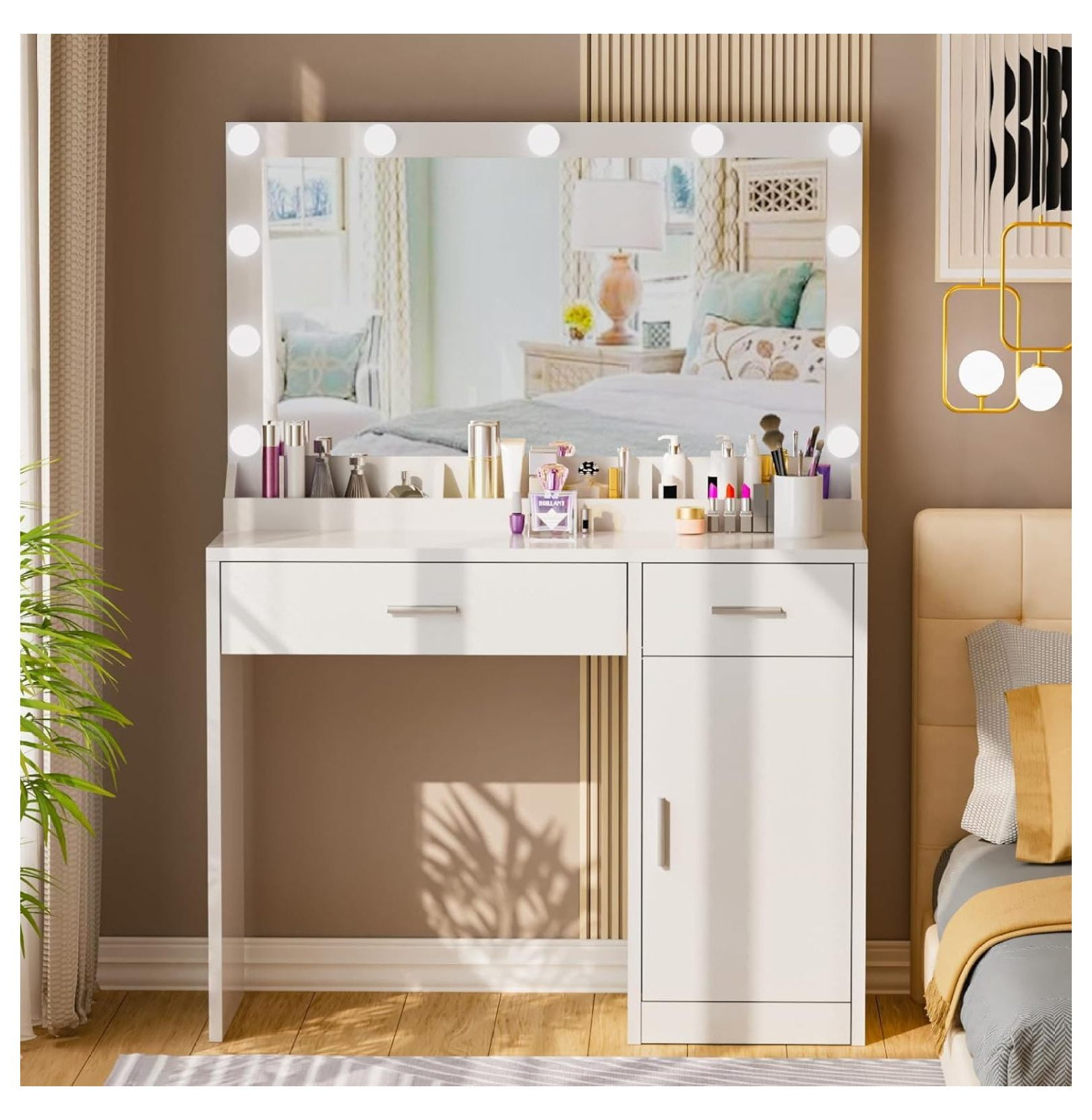 Makeup Vanity with Charging Station, 36'' White Vanity with Lighted ...