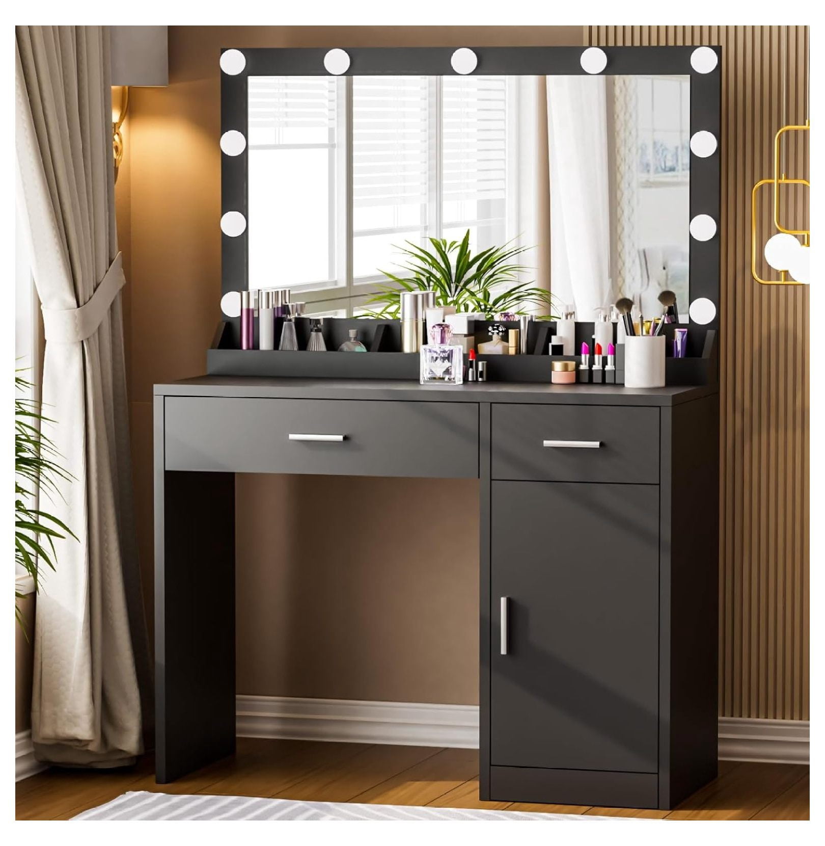 Makeup Vanity with Charging Station, Vanity Desk with Mirror and Lights ...