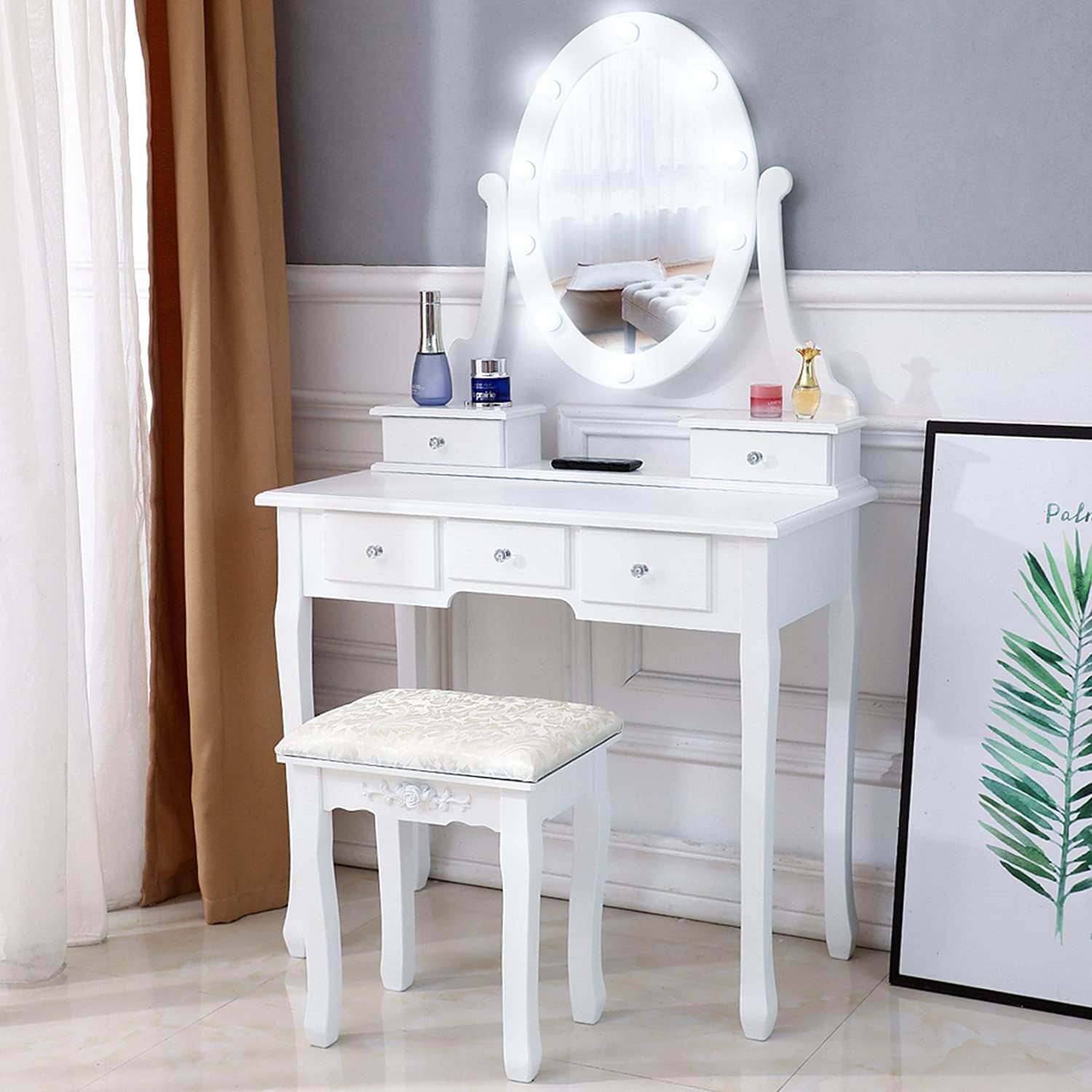 Makeup Vanity Desk And Stool Set, Vanity Mirror With Lights And Table ...