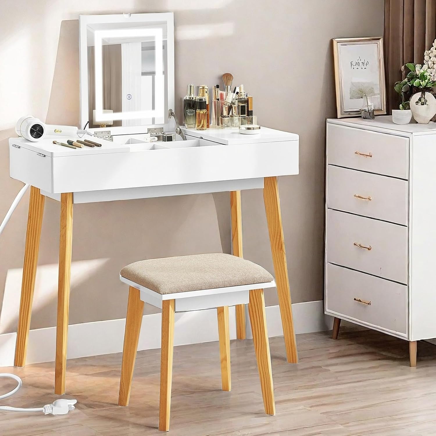 Vanity Desk with Lighted Mirror, Flip Top Dressing Table with Stool ...
