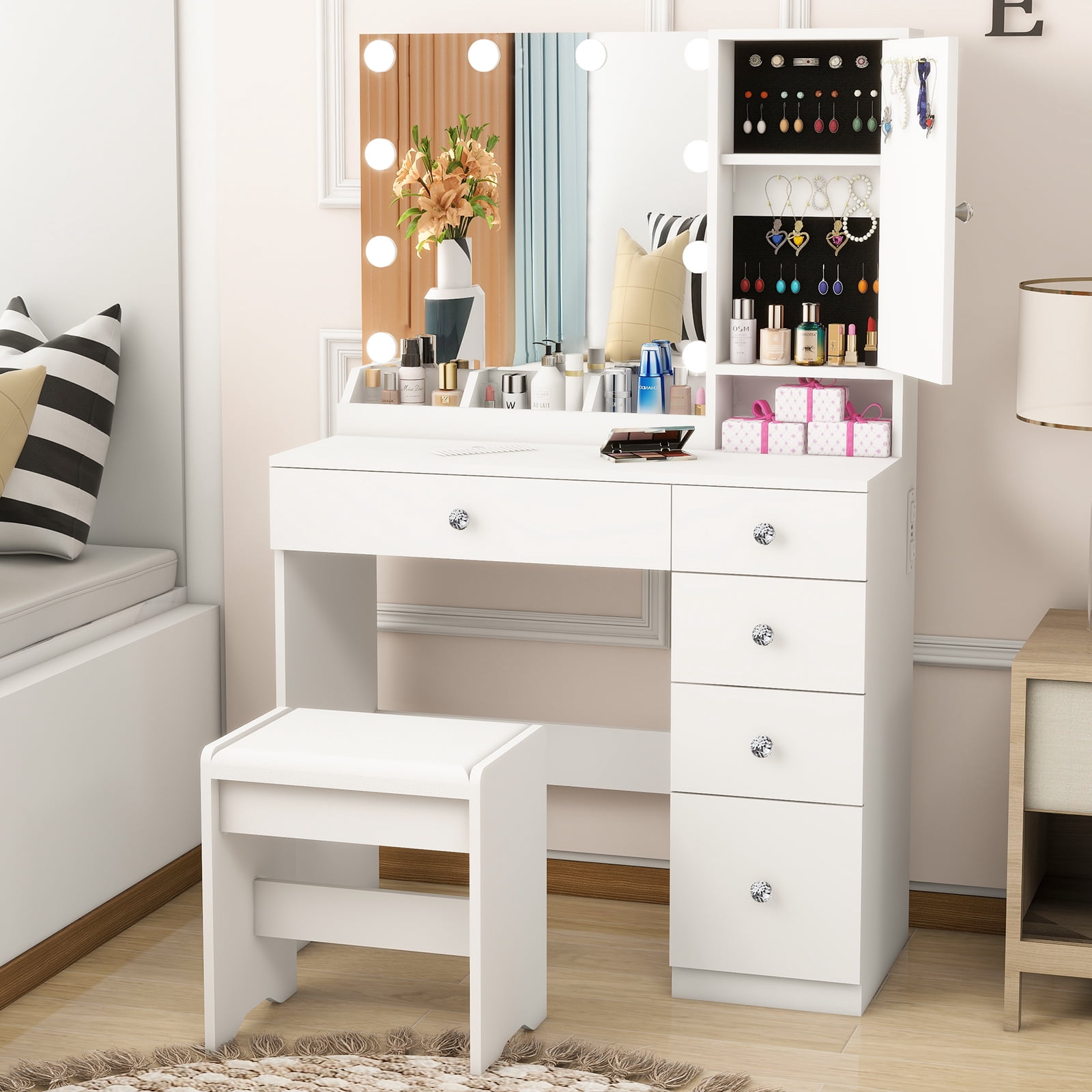 Makeup Vanity Desk with Hollywood Vanity Mirror & Jewelry Cabinet&Built ...