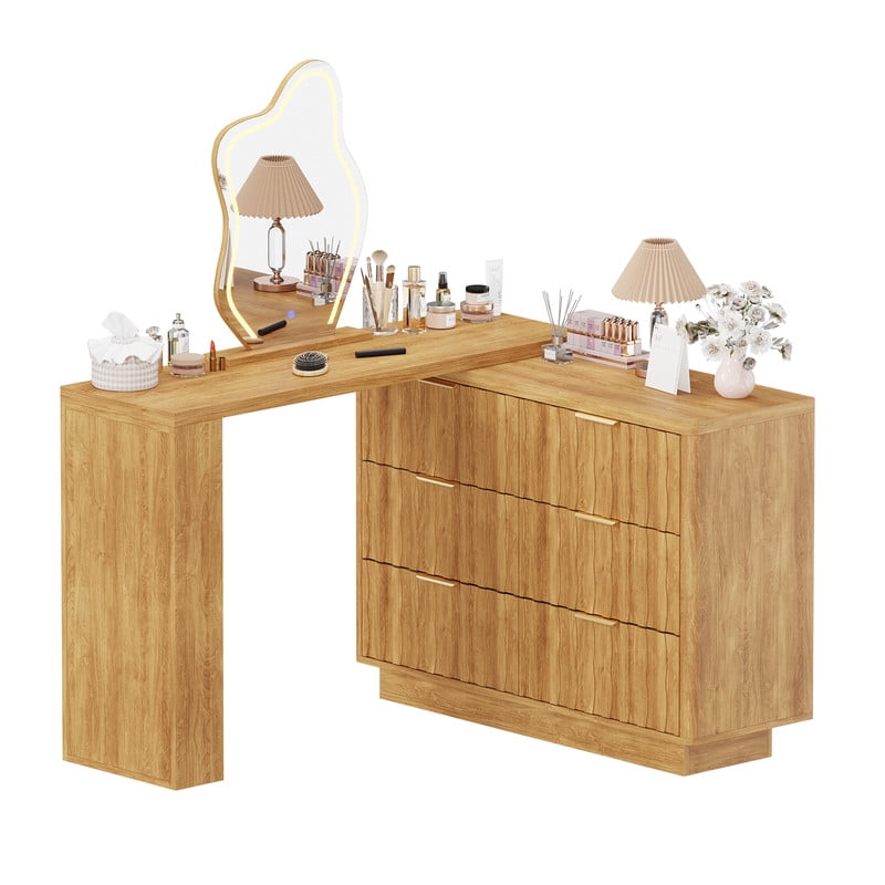 Makeup Vanity Desk with LED Lighted Mirror,Expandable L-Shaped Corner ...