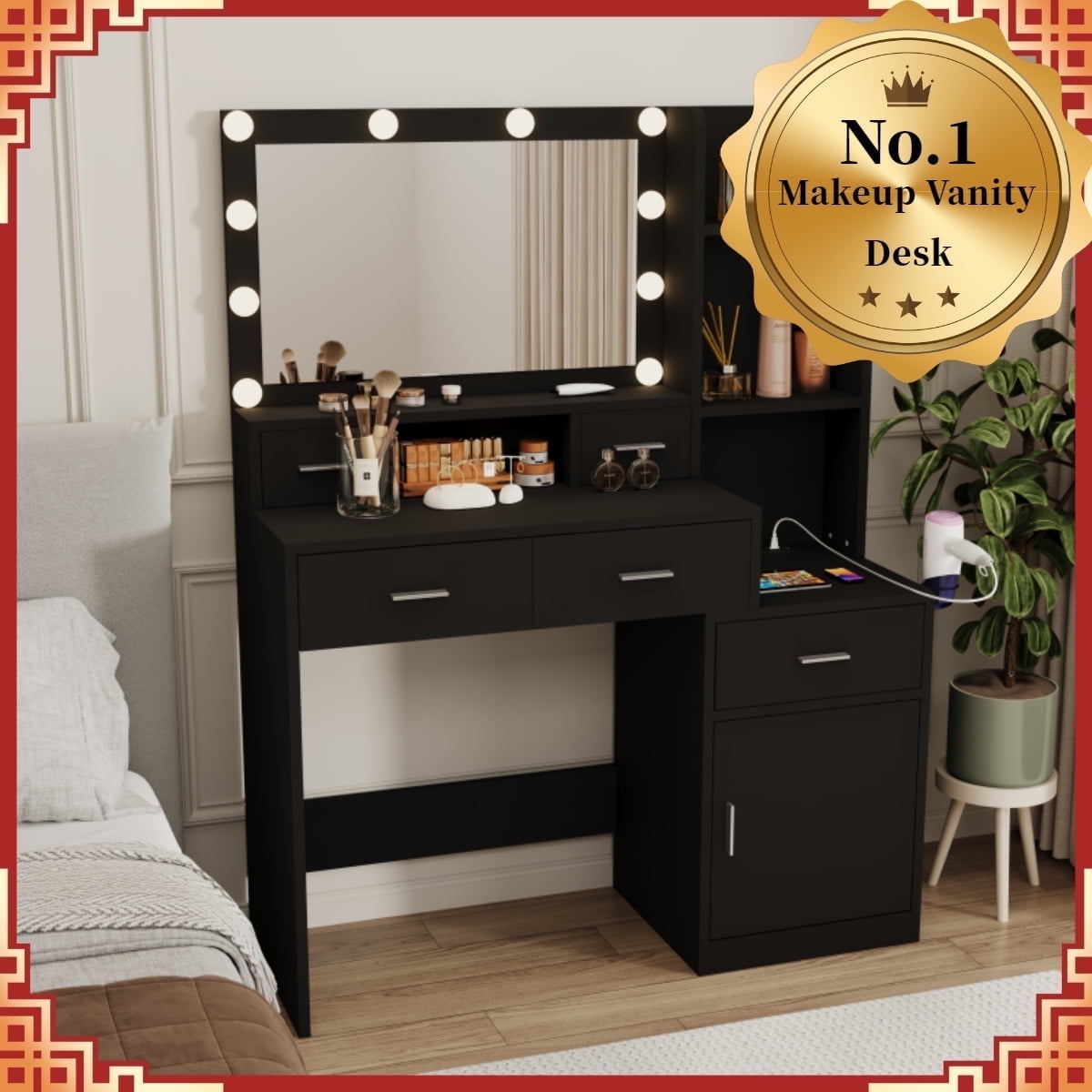 Makeup Vanity Desk with Large Mirror and Hollywood Lights, Makeup ...