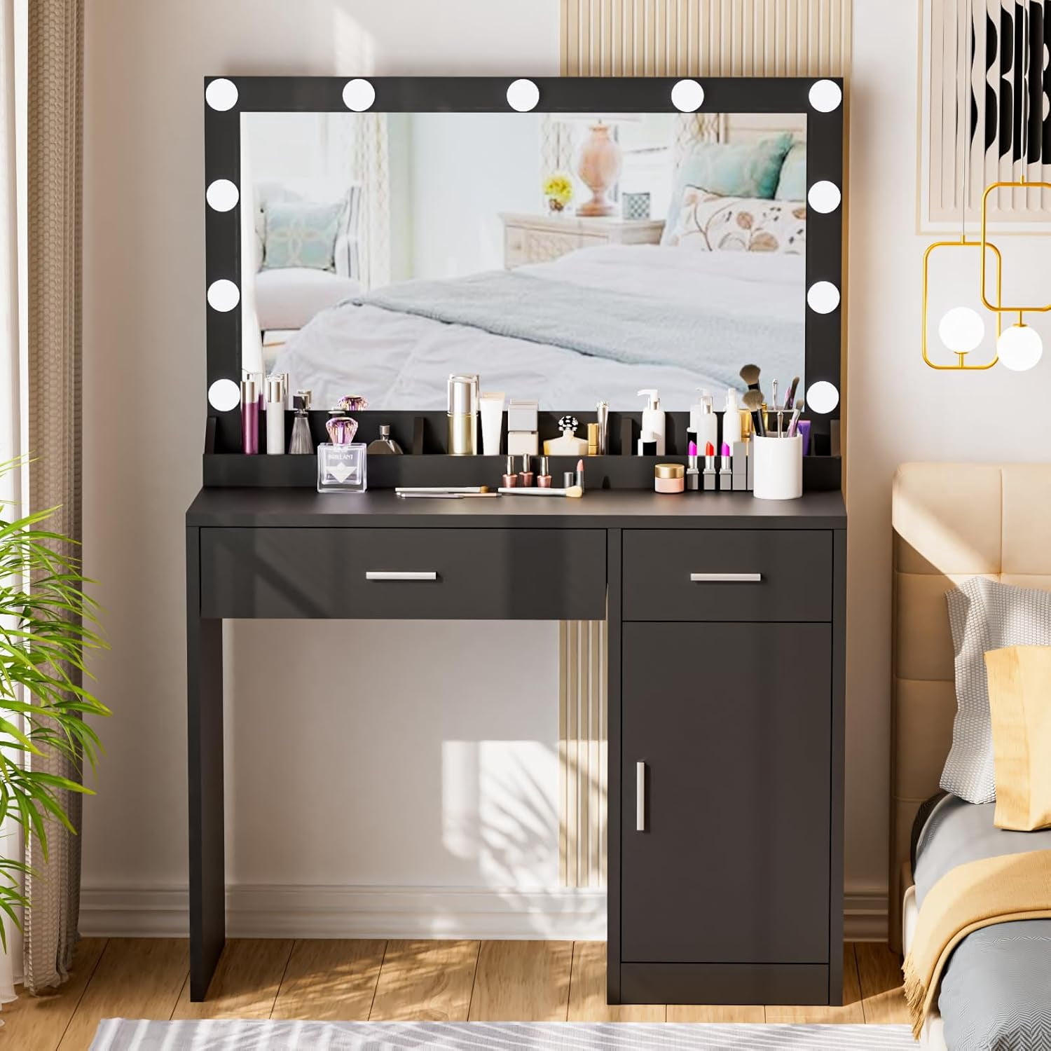 Makeup Vanity Desk with Lights, 36inch Small Black Vanity with Charging ...