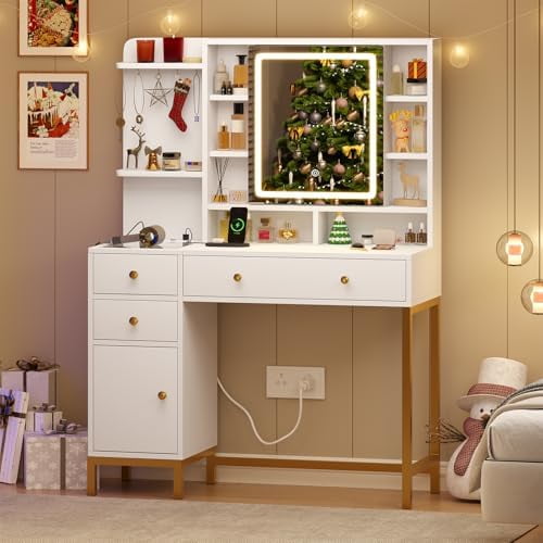Makeup Vanity Desk with Lights & Openable Mirror & Charging Station ...
