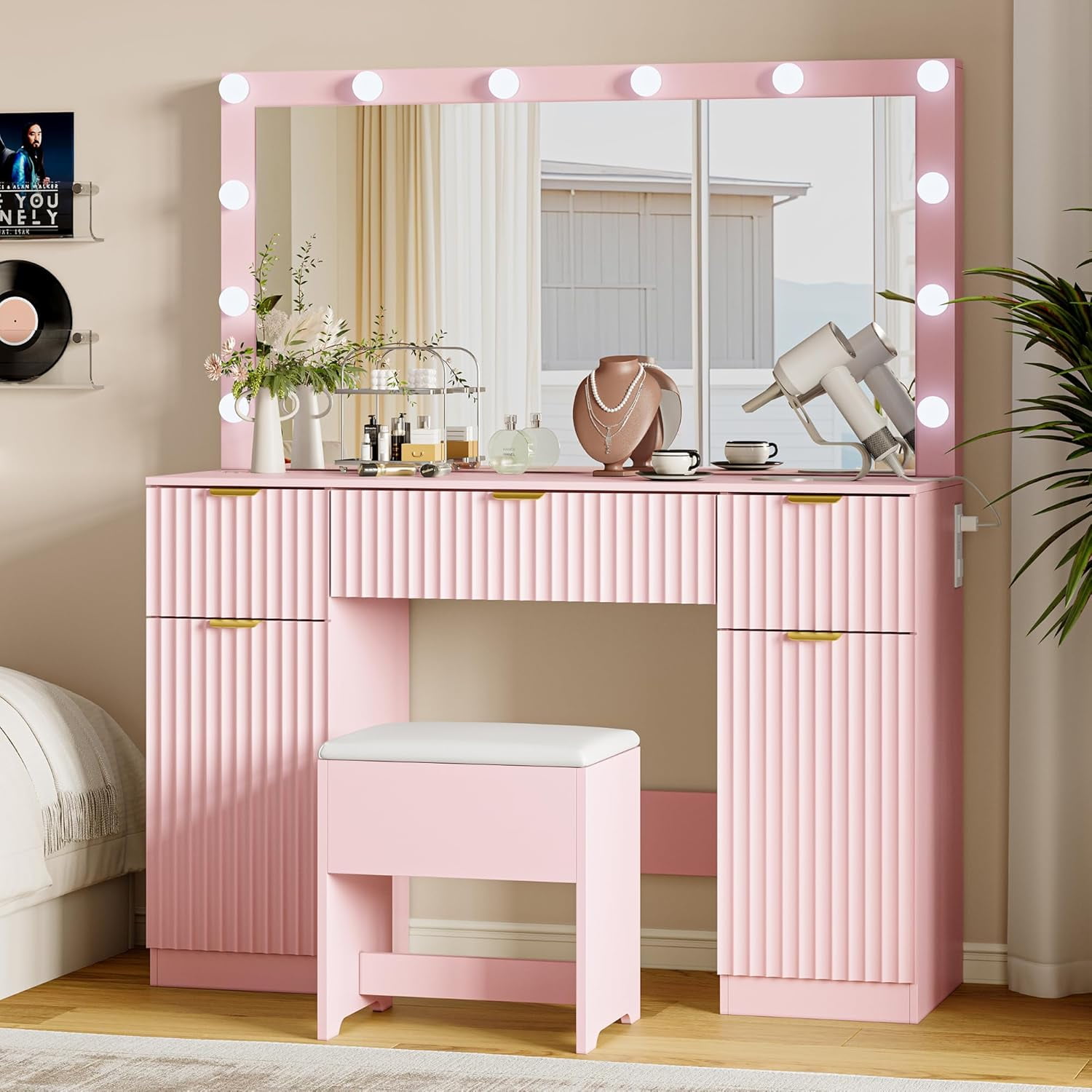 Makeup Vanity Desk with Mirror, Fluted Panel, Large LED Mirror, 3 Lighting Modes & Adjustable ...