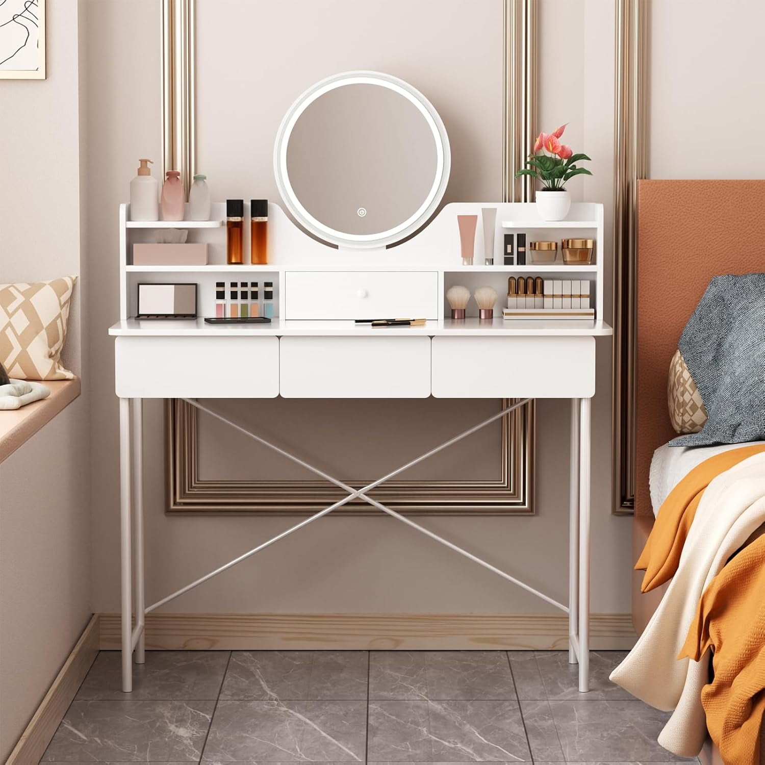 Makeup Vanity Desk with Mirror and LED 3 Modes Brightness Adjustable ...