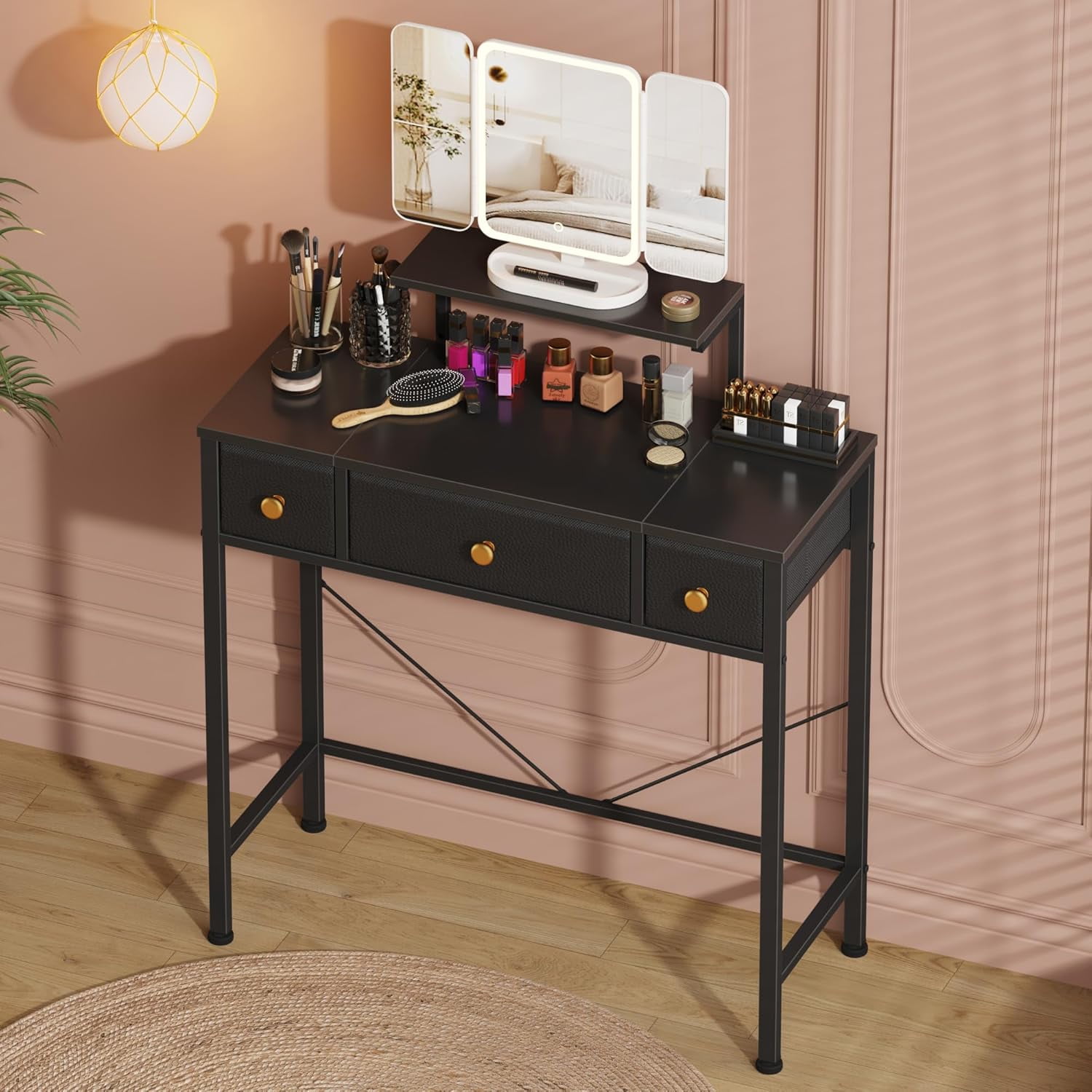 Makeup Vanity Desk with Mirror and Lights & 3 Drawers, Small Vanity ...