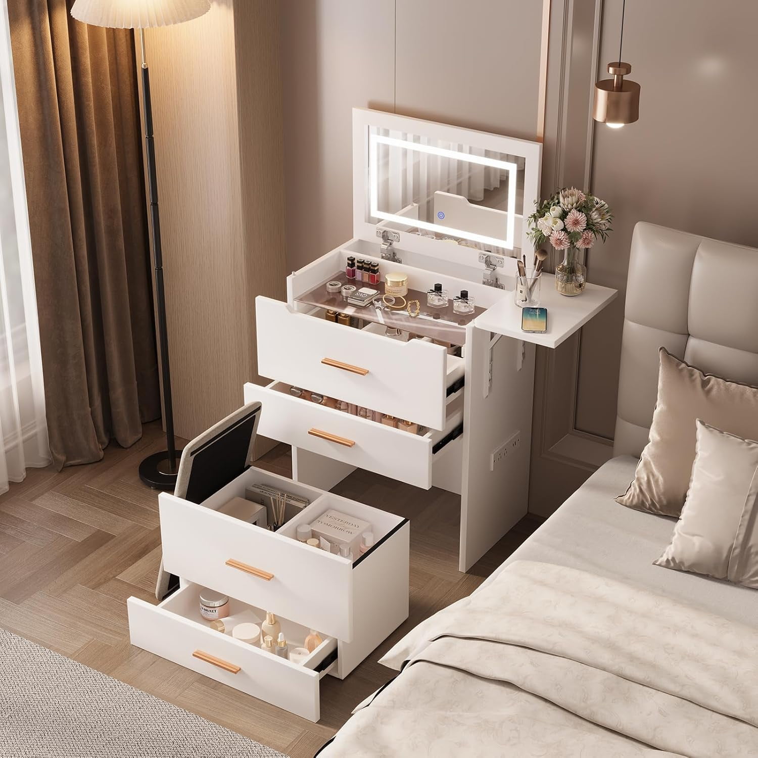 Makeup Vanity Desk with Mirror and Lights, 3-in-1 Vanity Set with 3 ...