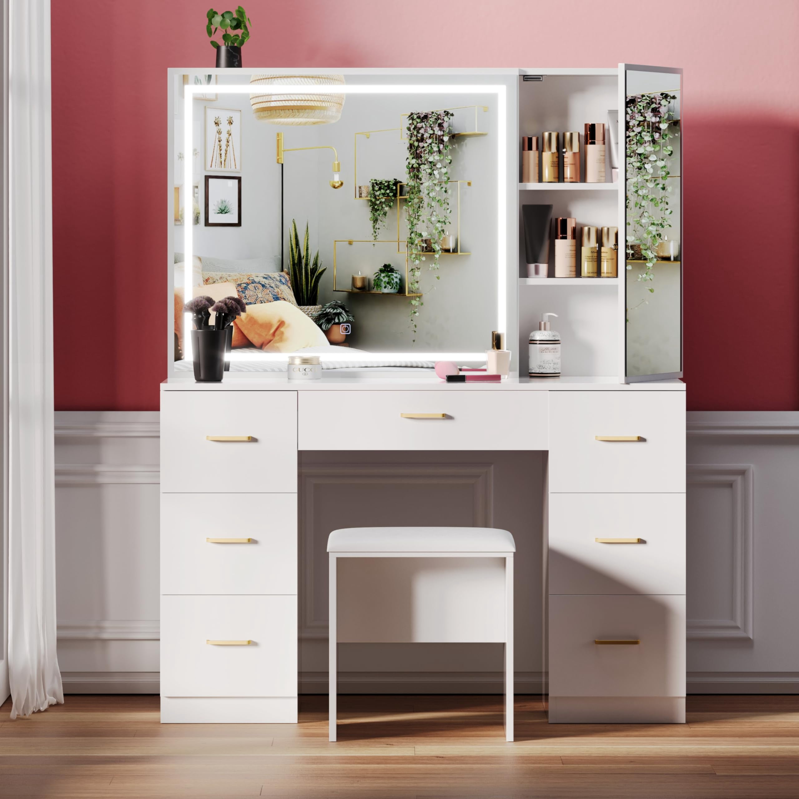 Makeup Vanity Desk with Mirror and Lights, 7 Drawers Storage, Hidden ...
