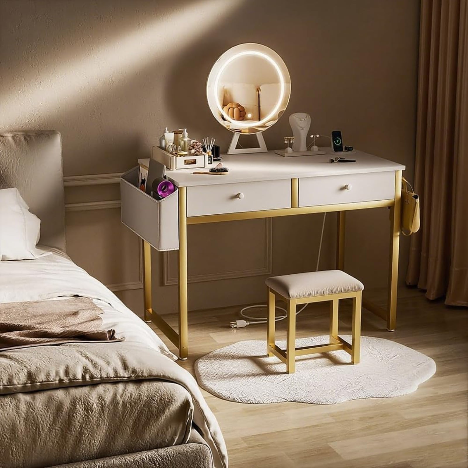 JEZWX Makeup Vanity Desk with Lighted Mirror and Power Outlet, Girls ...