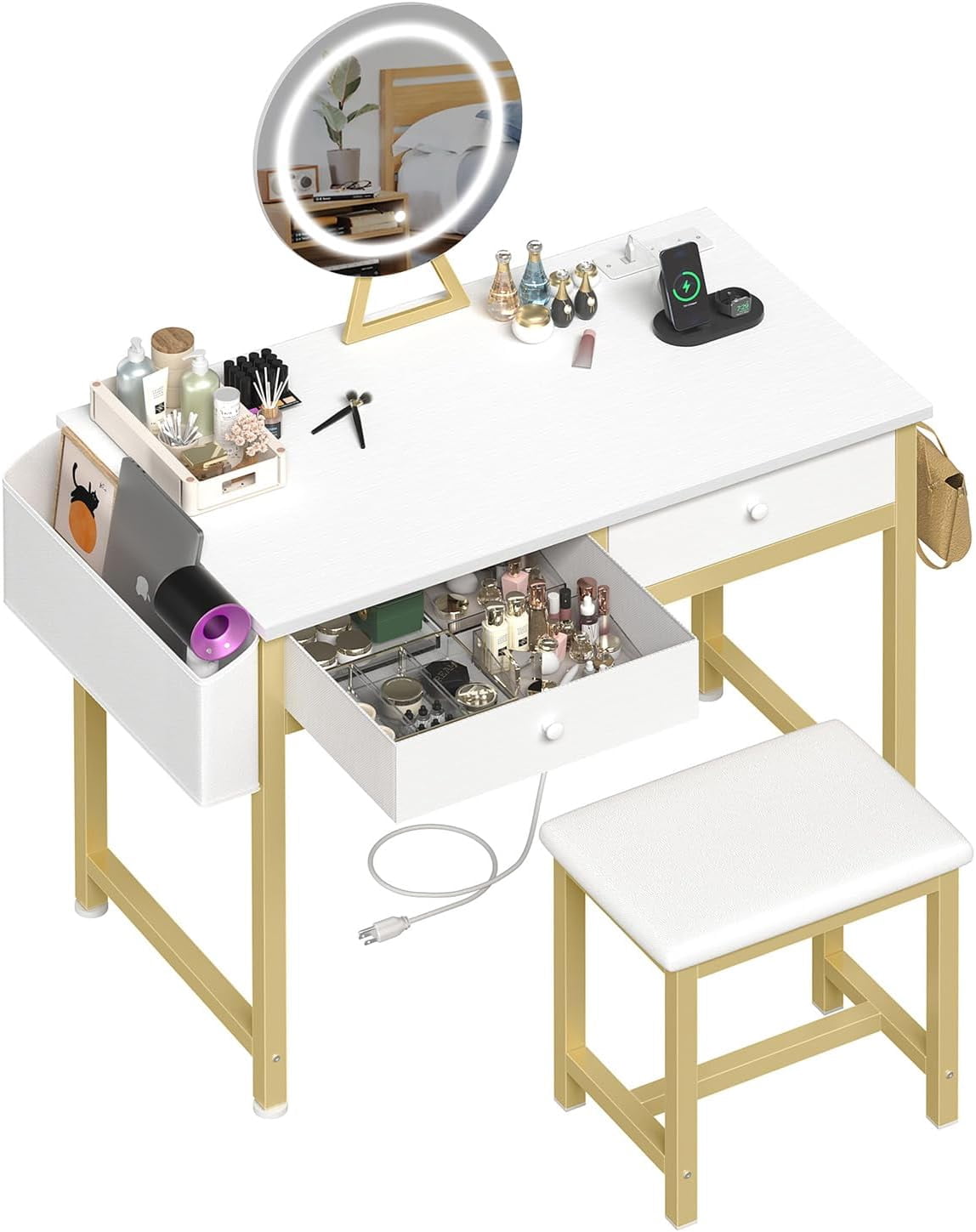 Makeup Vanity Desk with Mirror and Lights - Girls White Vanity Table ...
