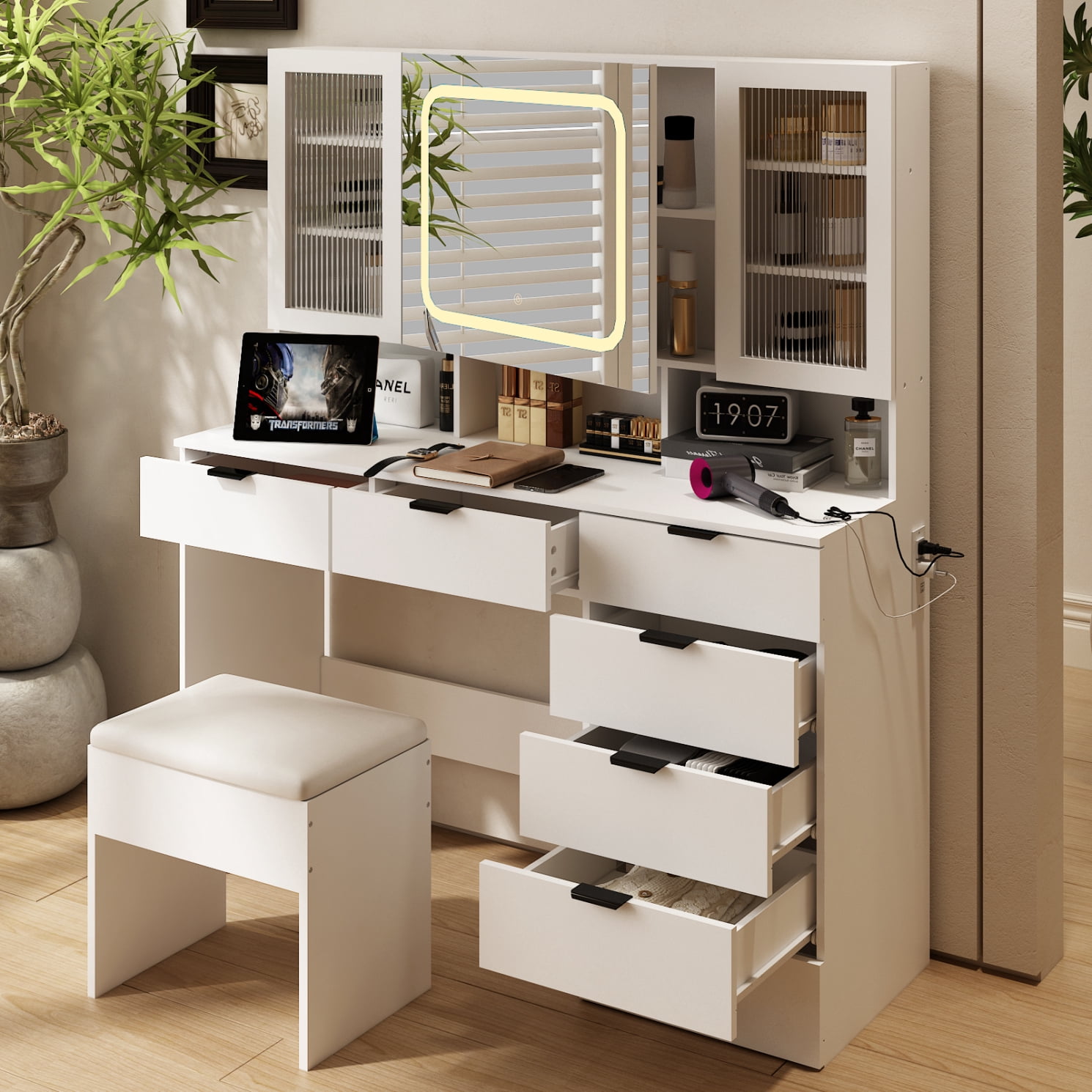 Makeup Vanity Desk with Mirror and Lights, Large Vanity Table Set with ...