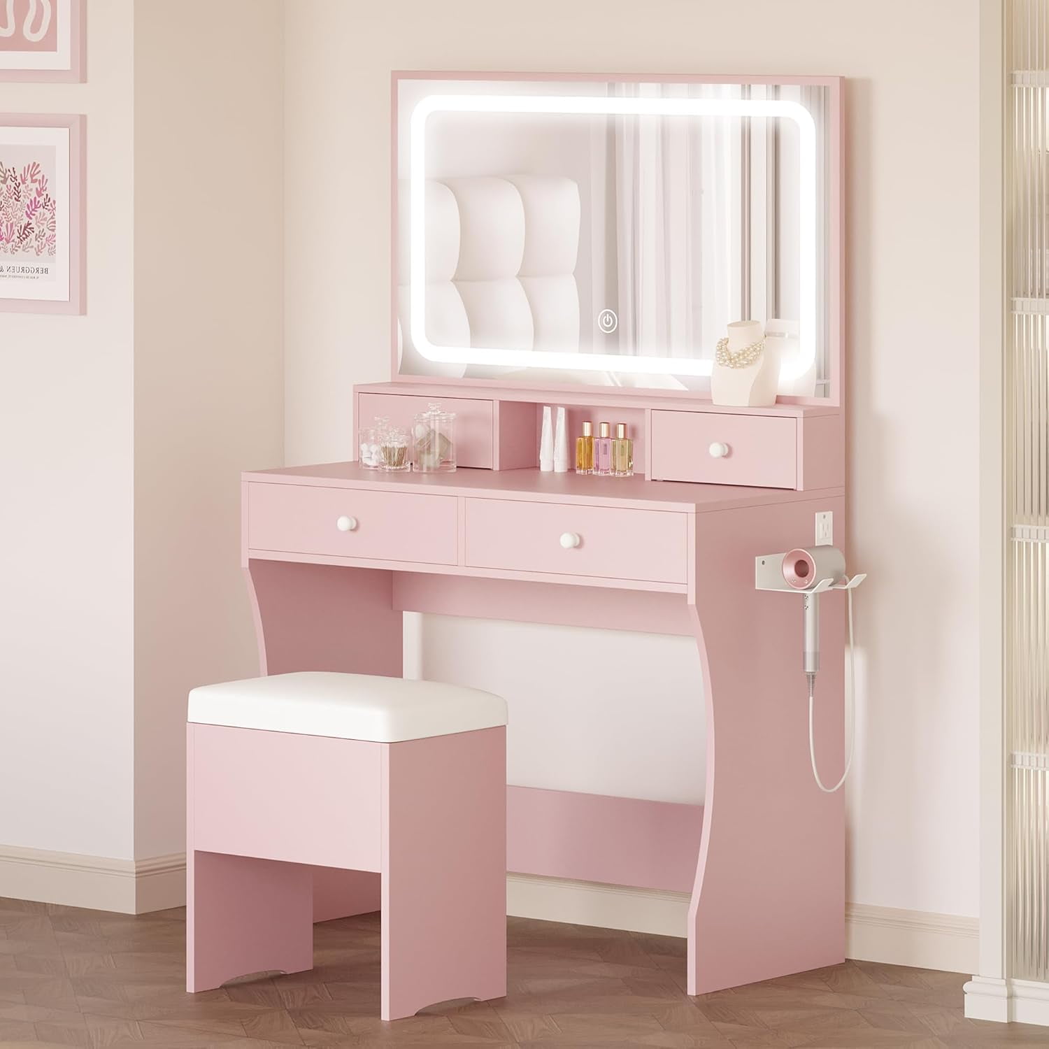 Makeup Vanity Desk with Mirror and Lights, Pink Makeup Vanity Table Set ...