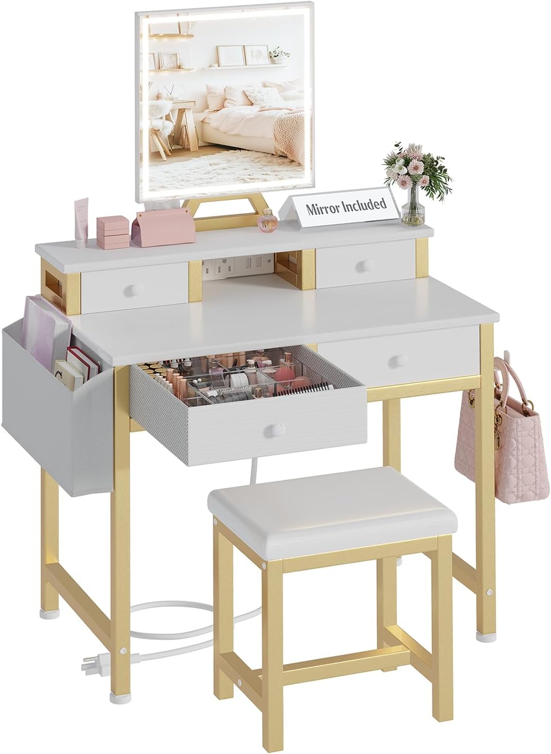 Makeup Vanity Desk with Mirror and Lights, Small Girls Vanity Set with ...