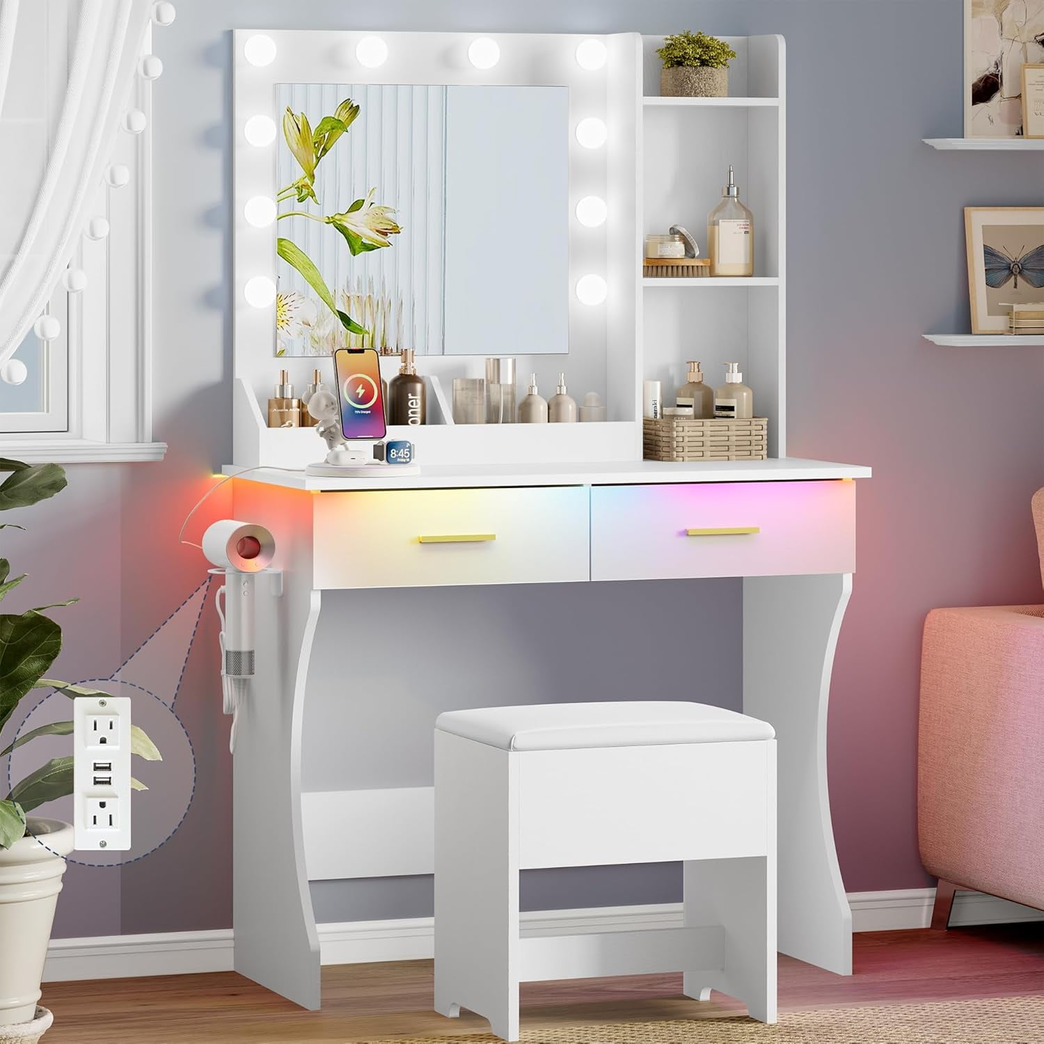 Makeup Vanity Desk with Mirror and Lights, Small Makeup Vanity Table ...