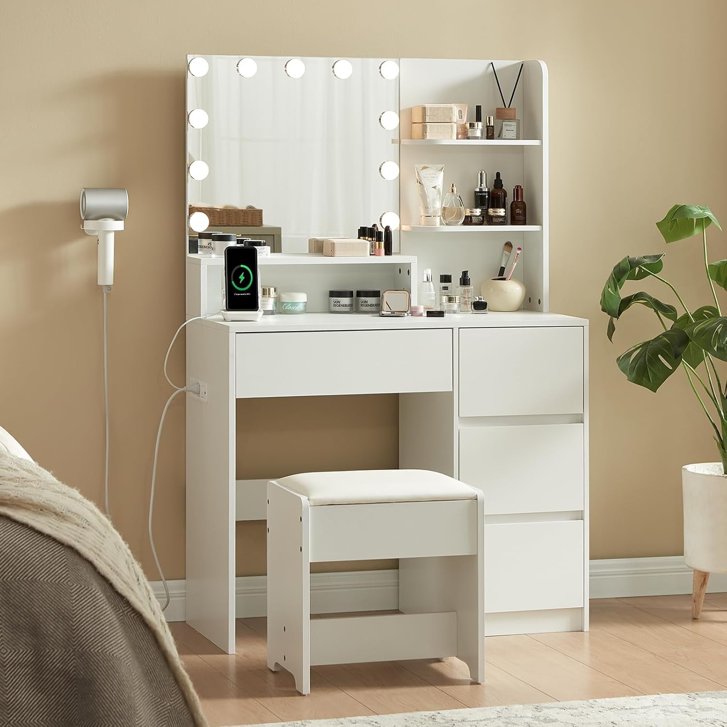 Makeup Vanity Desk with Mirror and Lights - Small Vanity Table Set with ...