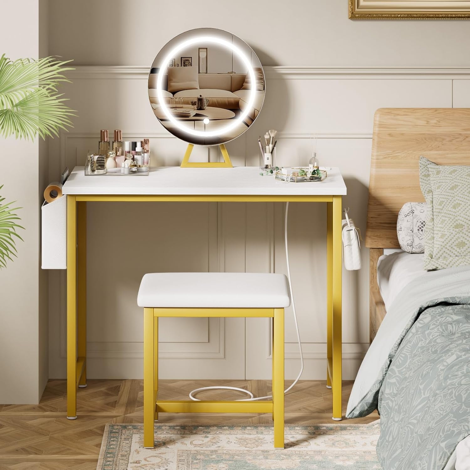 Makeup Vanity Desk with Mirror and Lights - Small White Gold Vanity ...