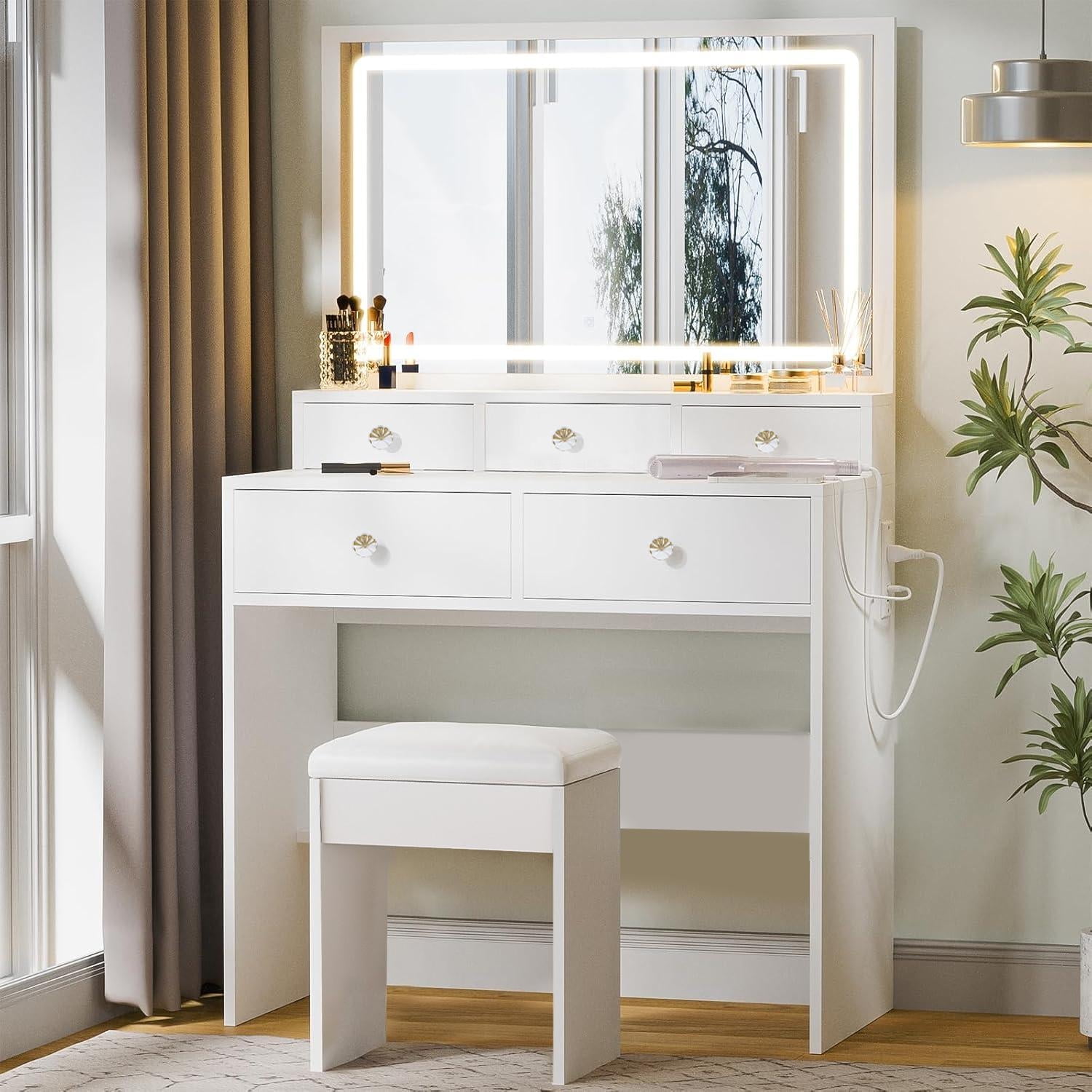 Makeup Vanity Desk with Mirror and Lights, Vanity Table and Chair Set ...