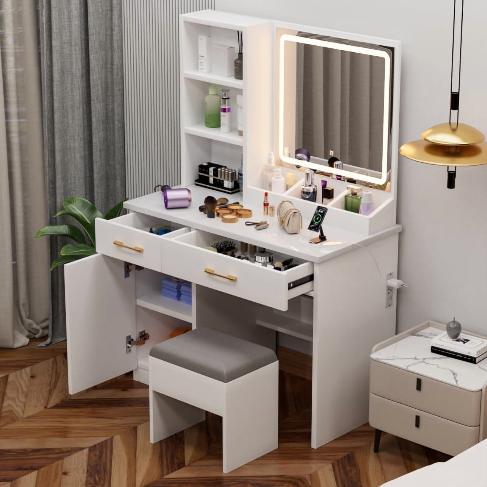 Makeup Vanity Desk with Mirror and Lights, White Vanity Table with ...
