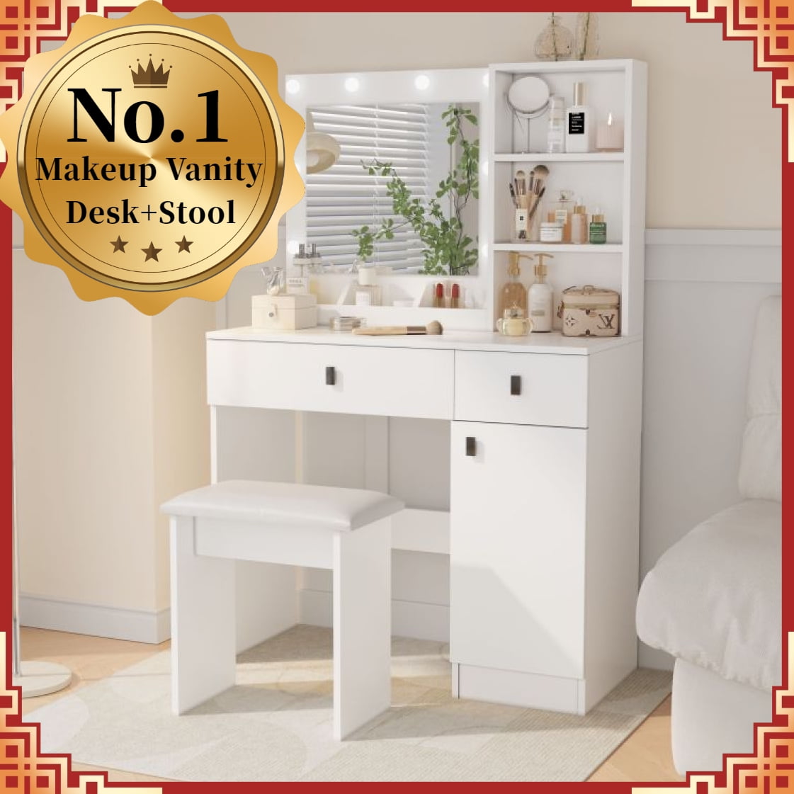 Makeup Vanity Desk Set with Lights & Mirror, Makeup Dressing Table with ...