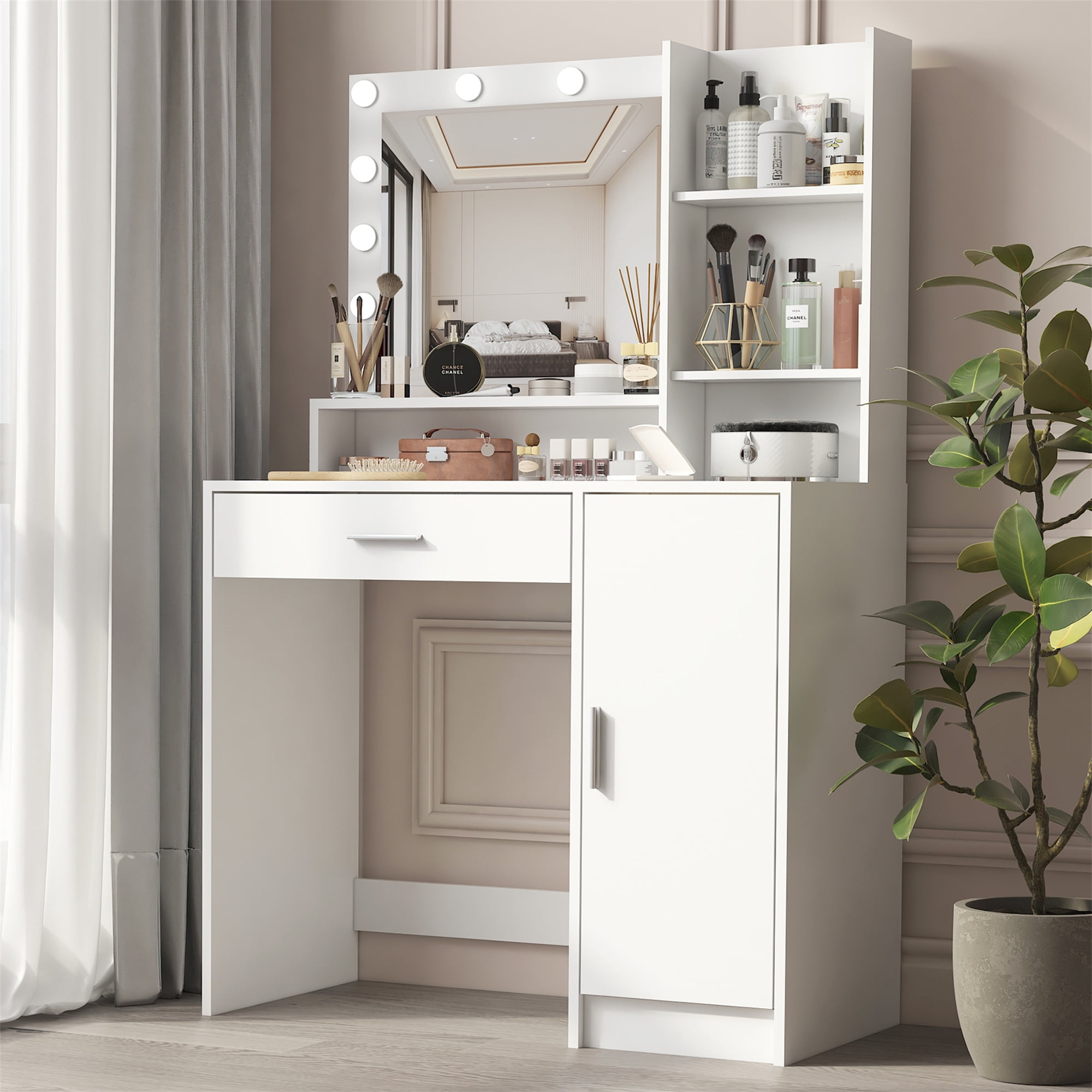 Makeup Vanity Desk Set with Mirror & Adjustable Light, Dressing Table ...