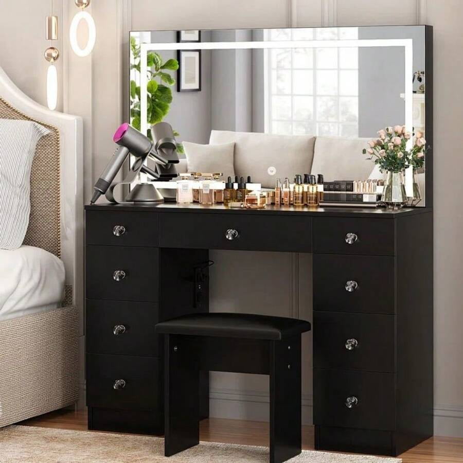 Makeup Vanity Desk Set With Prower Outlet & LED Lighted Mirror ...
