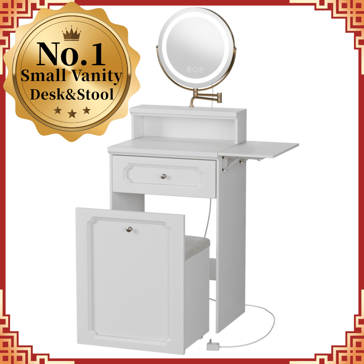 Makeup Vanity Desk Set with Round Mirror and LED Lights, 3-IN-1 Small ...