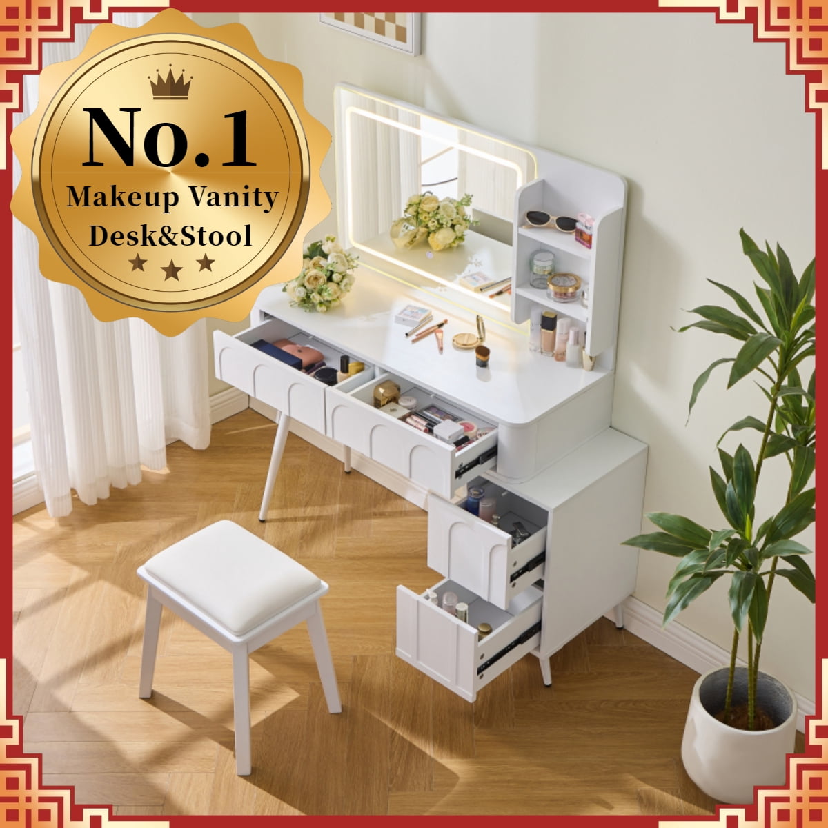 Makeup Vanity Desk Set with Stool & Mirror, Modern Vanity Table & Chair ...