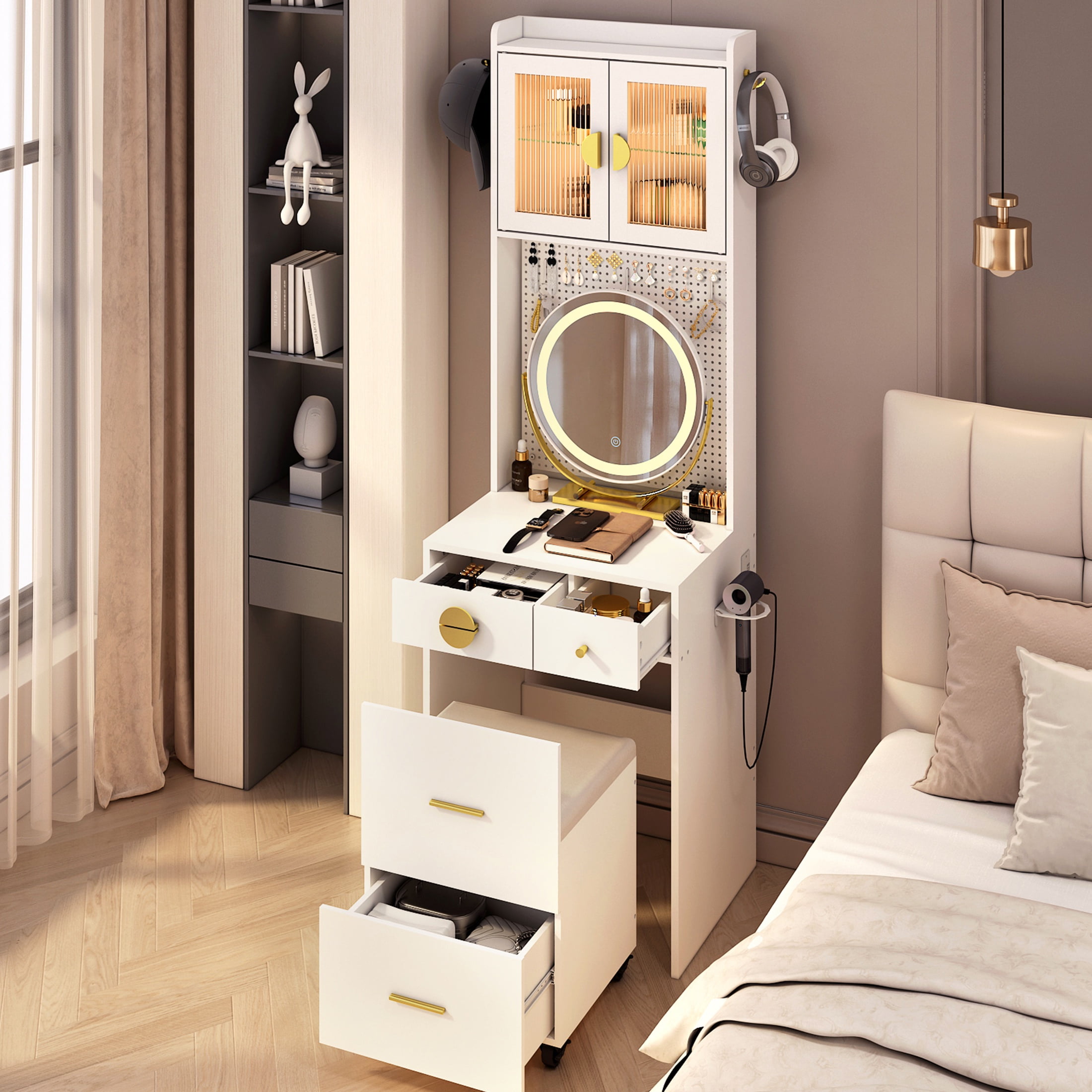 Makeup Vanity Desk Set, White Compact Mini Corner Vanity with Hidden ...