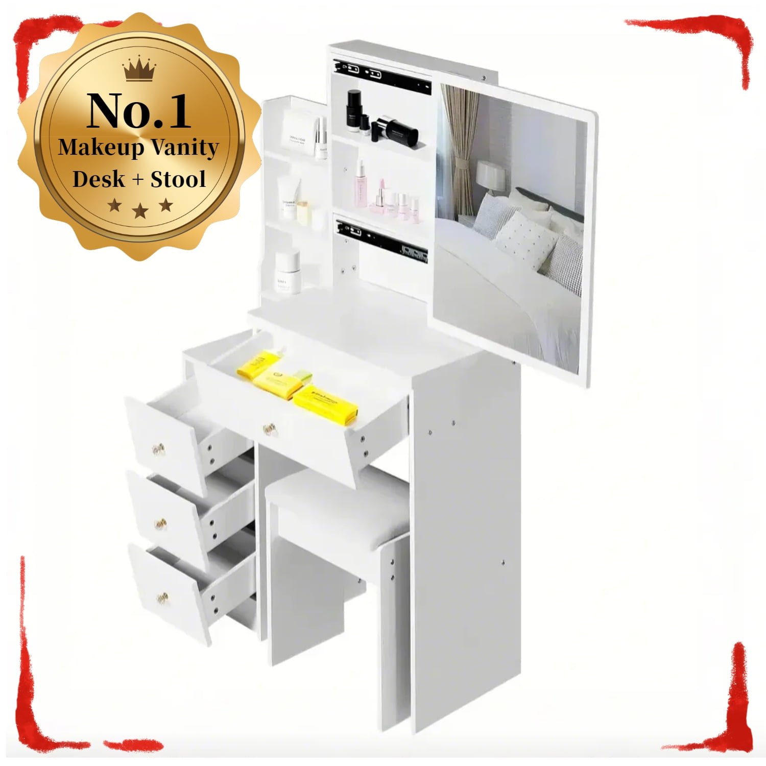 Makeup Vanity Desk Set w/ Horizontal HD mirror & Padded Stool Included ...