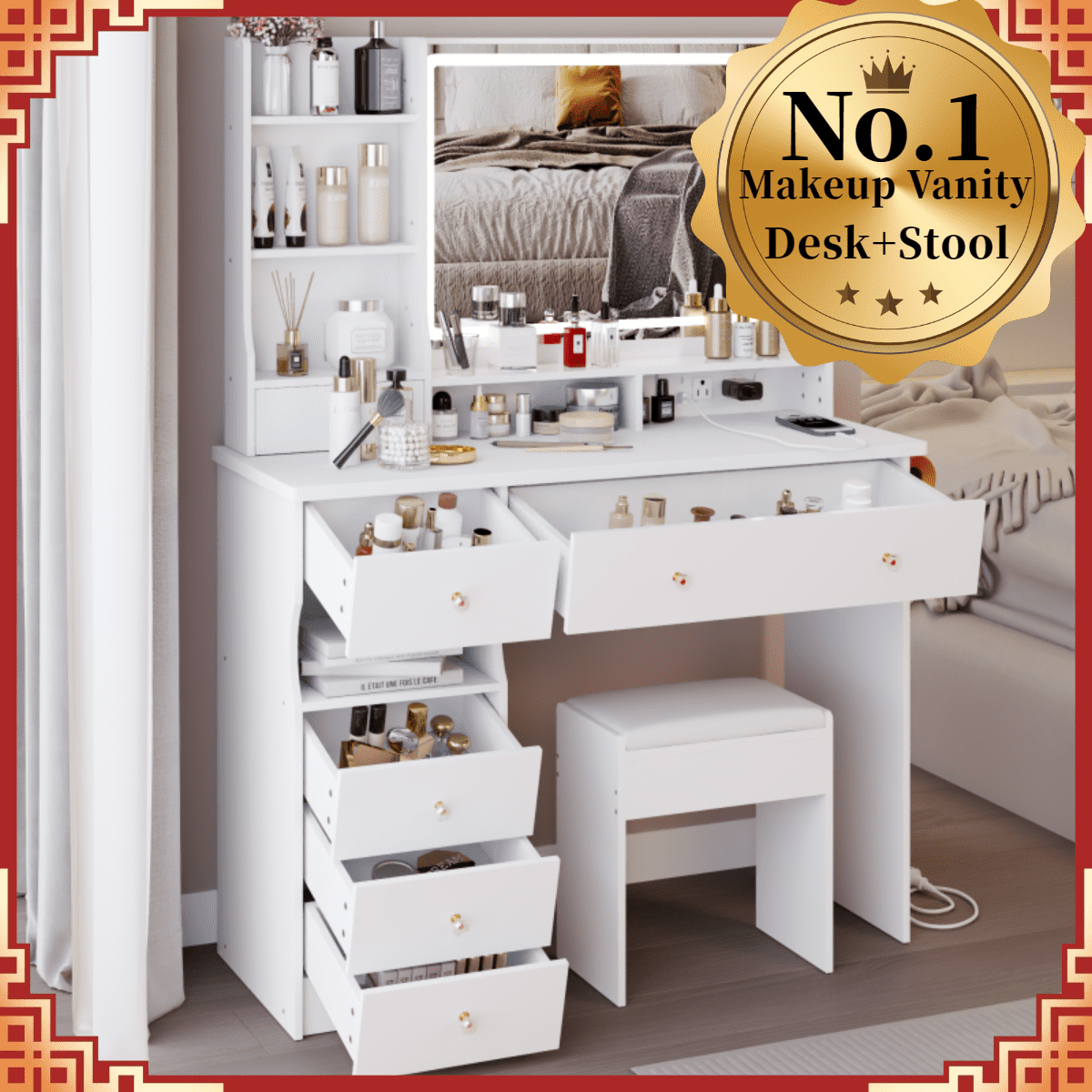 Makeup Vanity Desk Set w/LED Lights Mirror, 41 Inch Makeup Dressing ...
